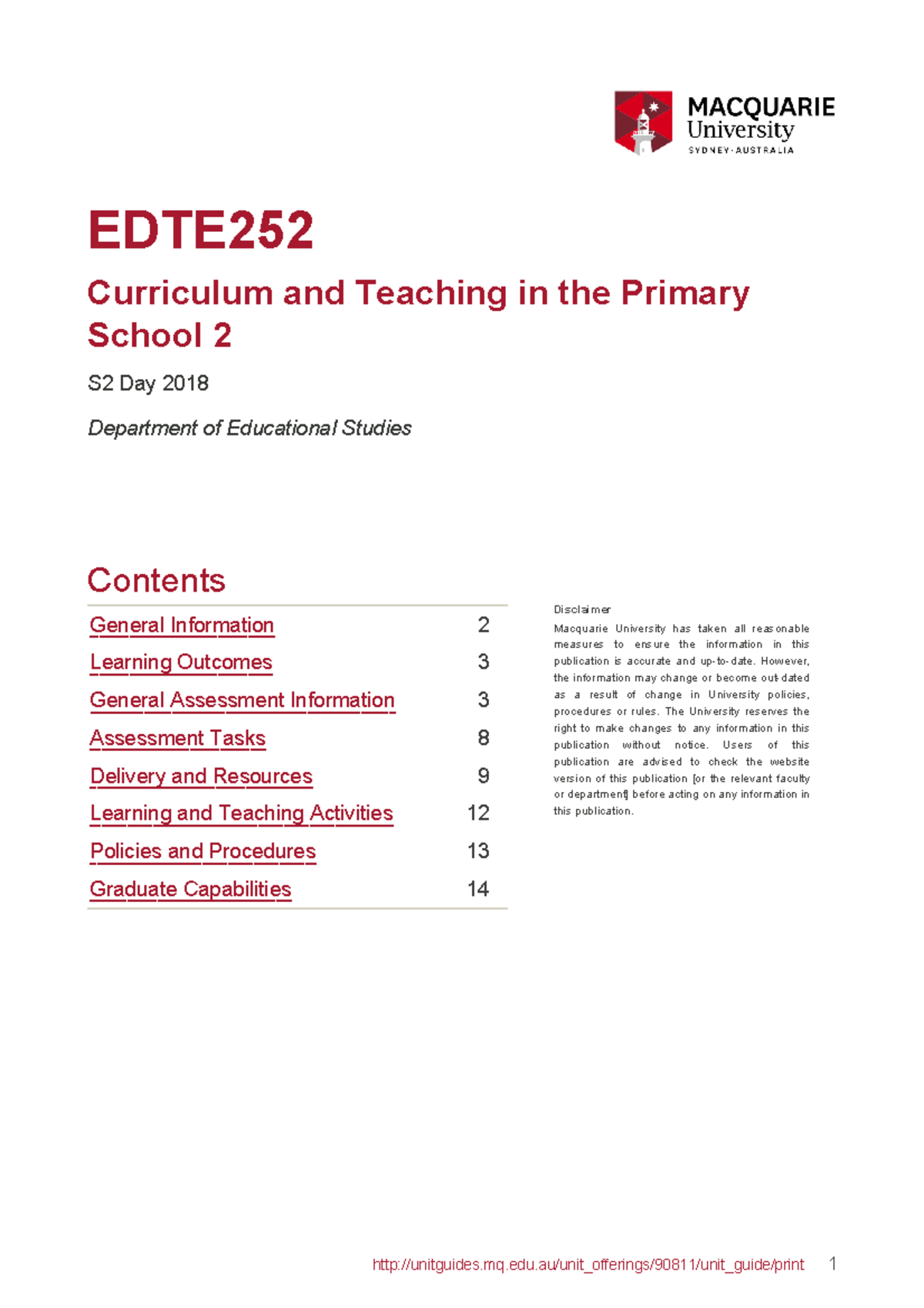 Unit Guide EDTE252 2018 S2 Day - EDTE252 Curriculum and Teaching in the ...