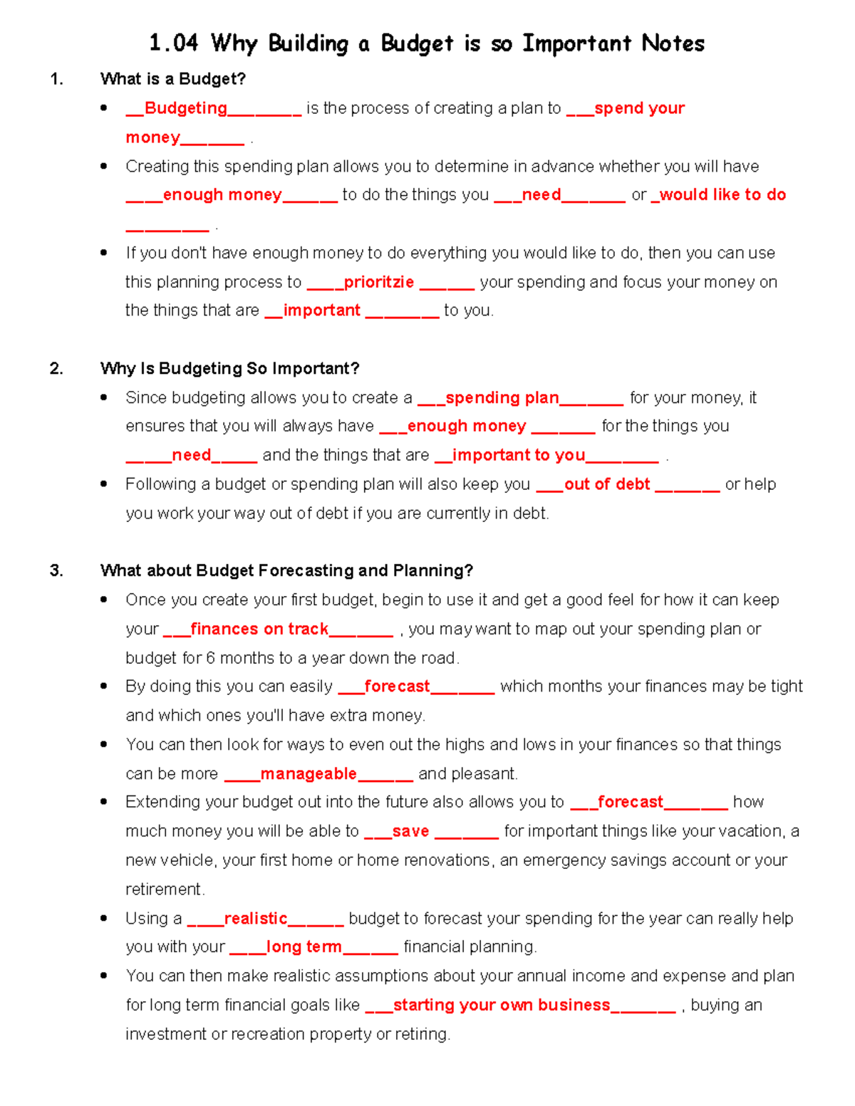 1.04 Why Building a Budget is so Important Guided Notes - 1 Why ...
