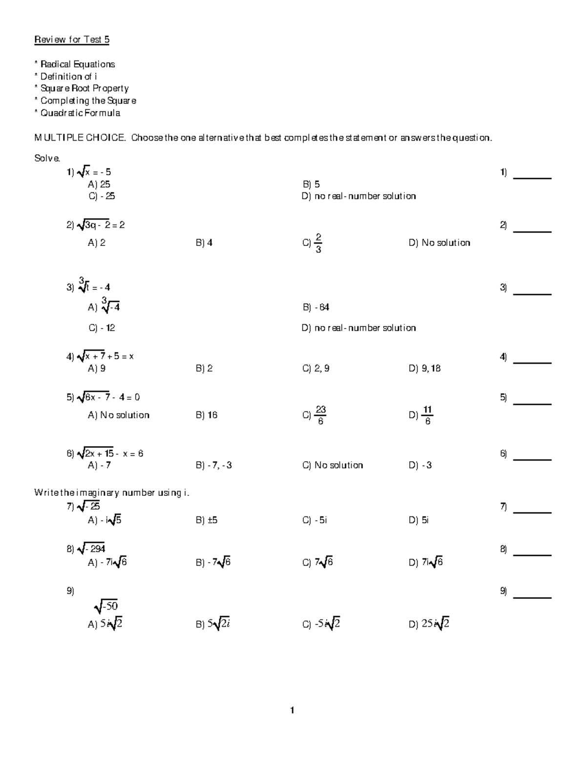 Test 5 Review - Review for Test 5 Radical Equations Definition of i ...