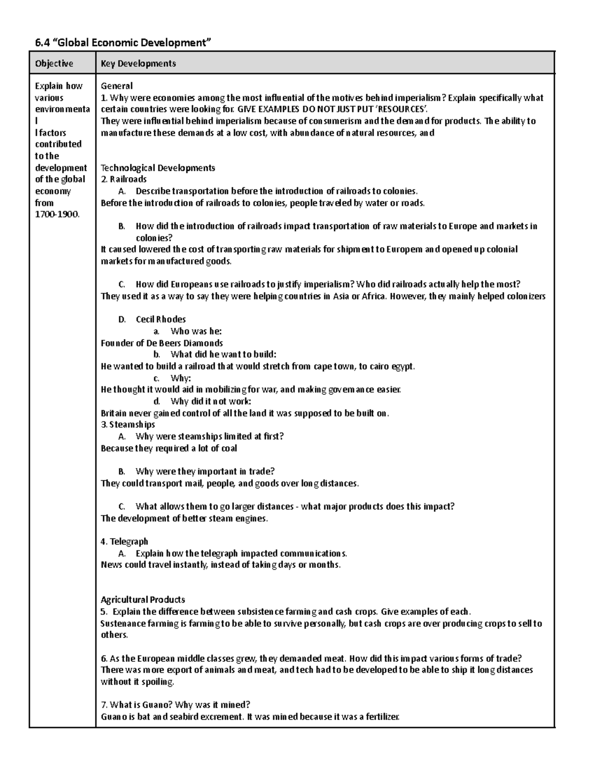 6.4 Amsco Reading - 6 “Global Economic Development” Objective Key ...