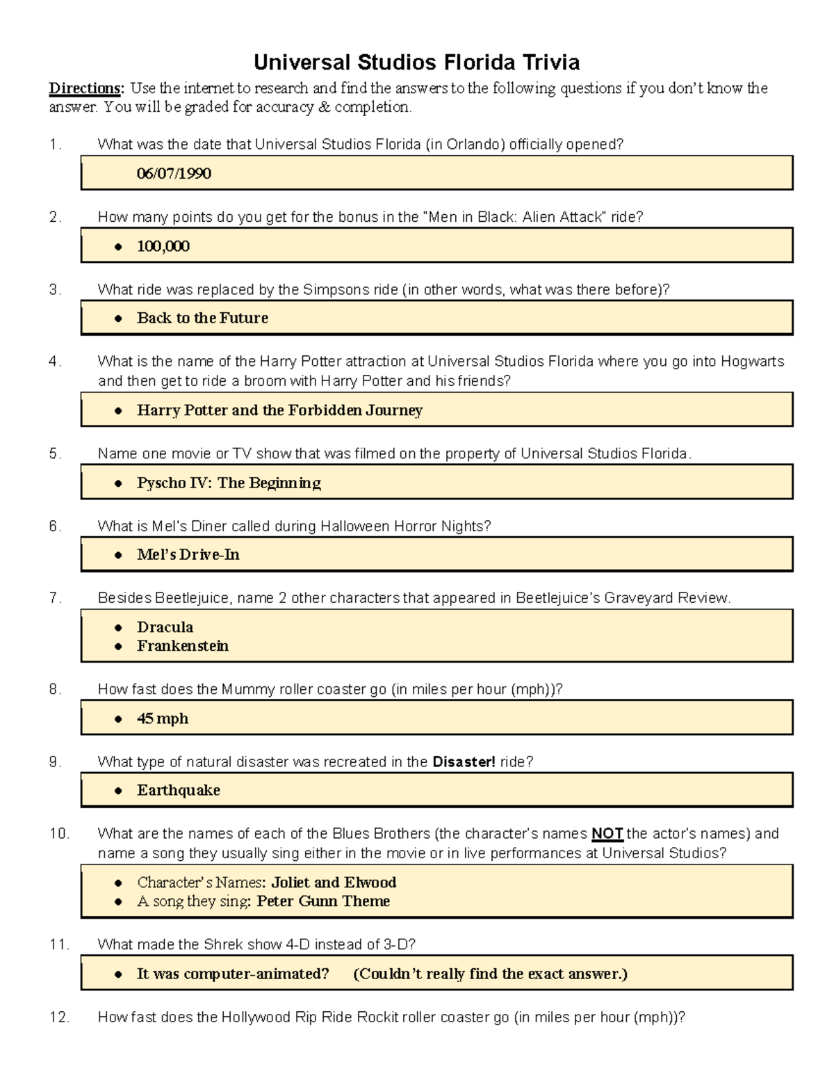 Universal Orlando Trivia - Universal Studios Florida Trivia Directions ...