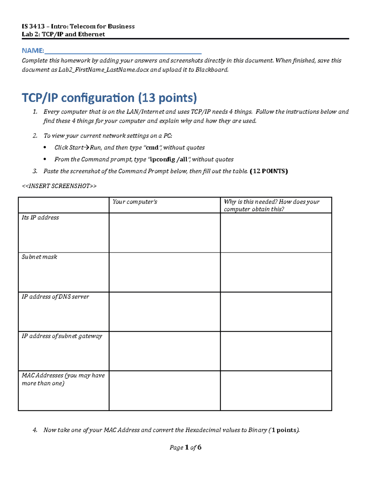 Lab 2 - TCP-IP and Ethernet 092822 - Lab 2: TCP/IP and Ethernet - Studocu