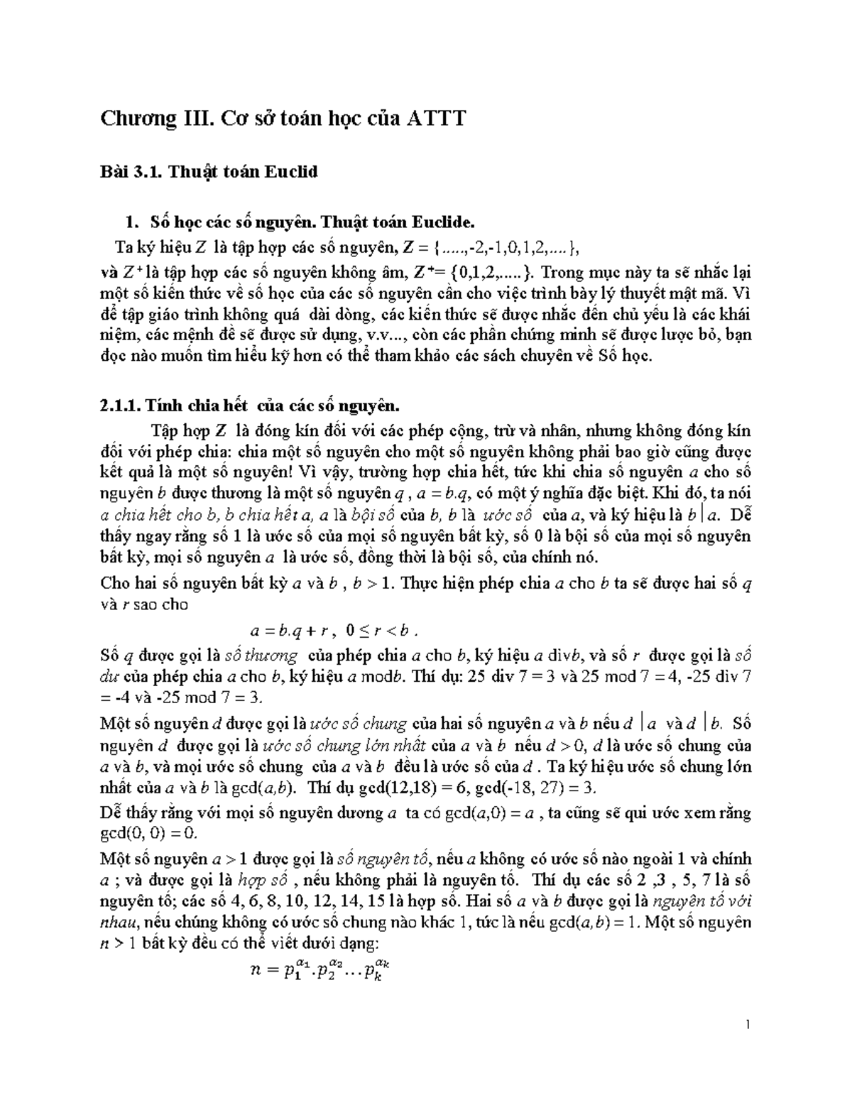 Chương III. Cơ sở toán học của ATTT - Chương III. Cơ sở toán học của ATTT Bài 3. Thuật toán ...