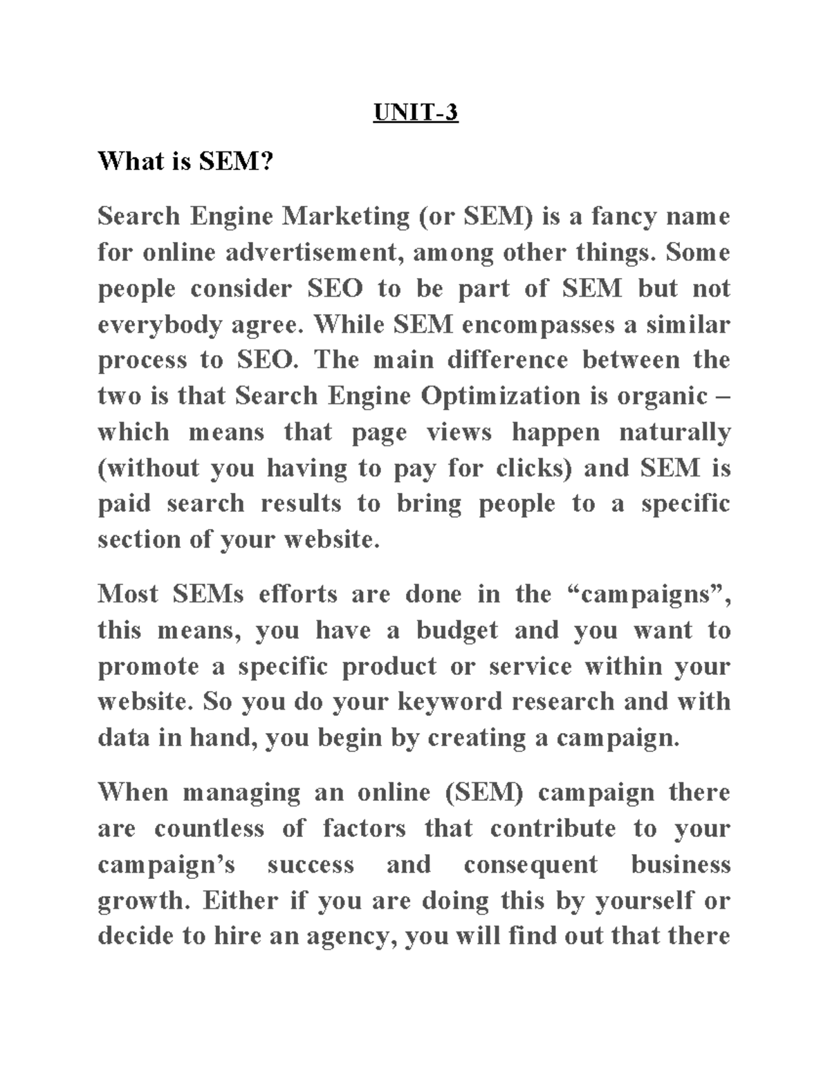 UNIT-3 DM&Ecomm - UNIT- What is SEM? Search Engine Marketing (or SEM) is a fancy name for online ...