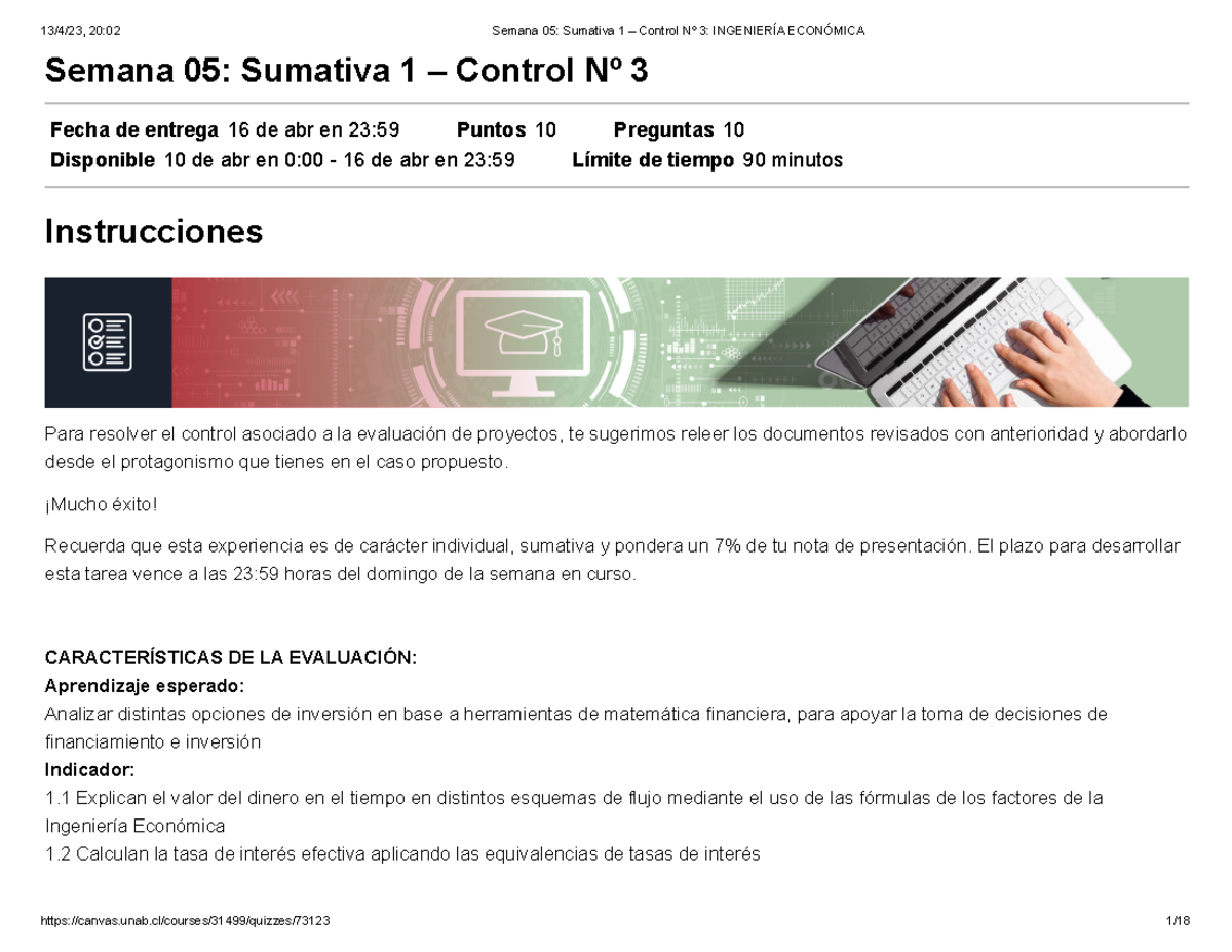 Semana 05 Sumativa 1 – Control Nº 3 Ingeniería Económica - Semana 05: Sumativa 1 – Control Nº 3 ...