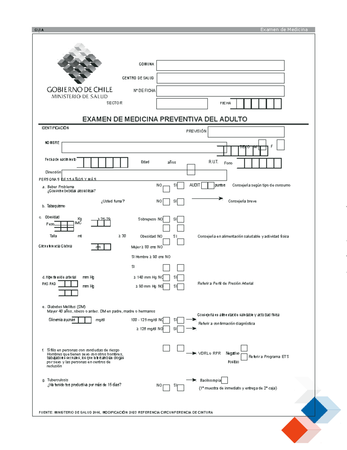 Formulario EMPA 2023 - COMUNA CENTRO DE SALUD Nº DE FICHA SECTOR IDENTIFICACIÓN EXAMEN DE ...
