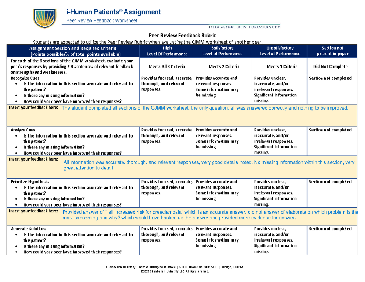 Peer review - i-Human Patients® Assignment Peer Review Feedback ...