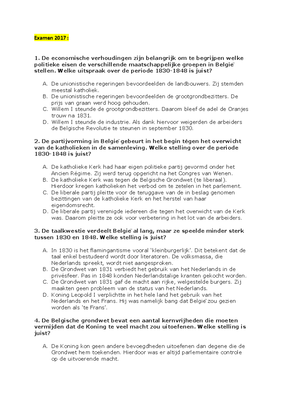 Meerkeuzevragen deelexamen 2017-2018 - Examen 2017 : De economische verhoudingen zijn belangrijk ...