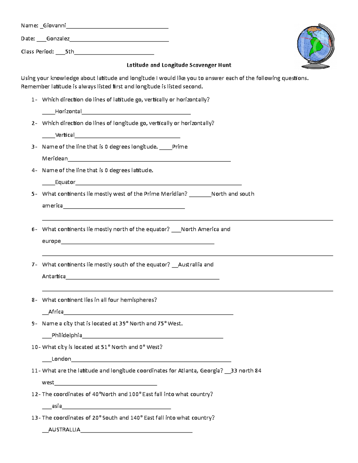 Latitude and Longitude Scavenger Hunt - Name: Giovanni ...
