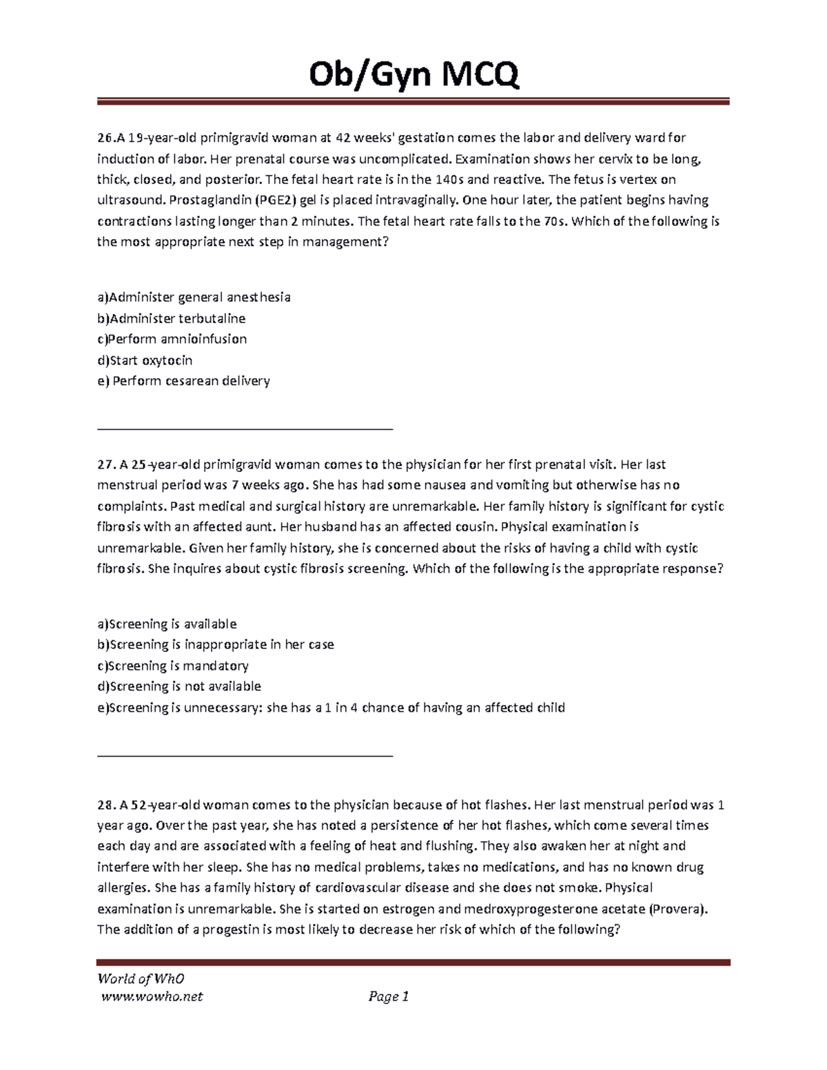 02-MCQ- Obgyn 1 - obs and gynae - 26 19-year-old primigravid woman at ...