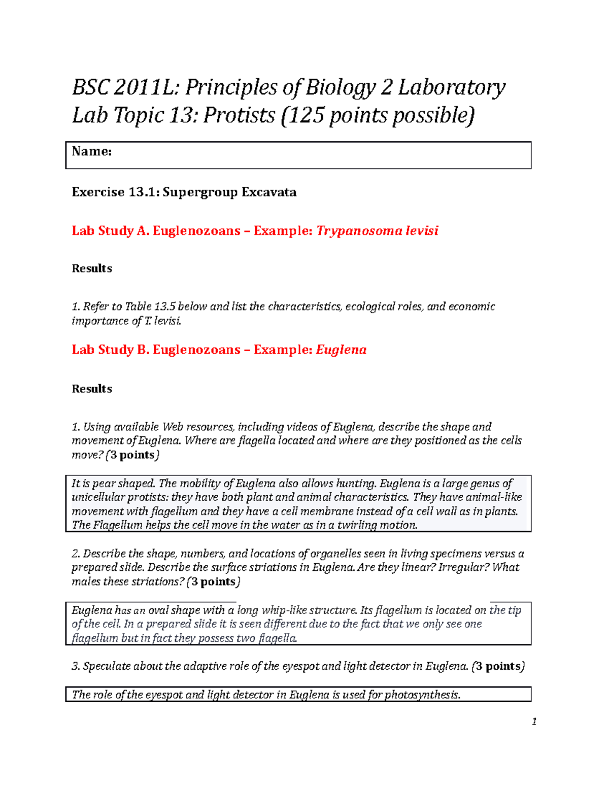 Bsc 2011 l lab topic 13 lab report - BSC 2011L: Principles of Biology 2 ...