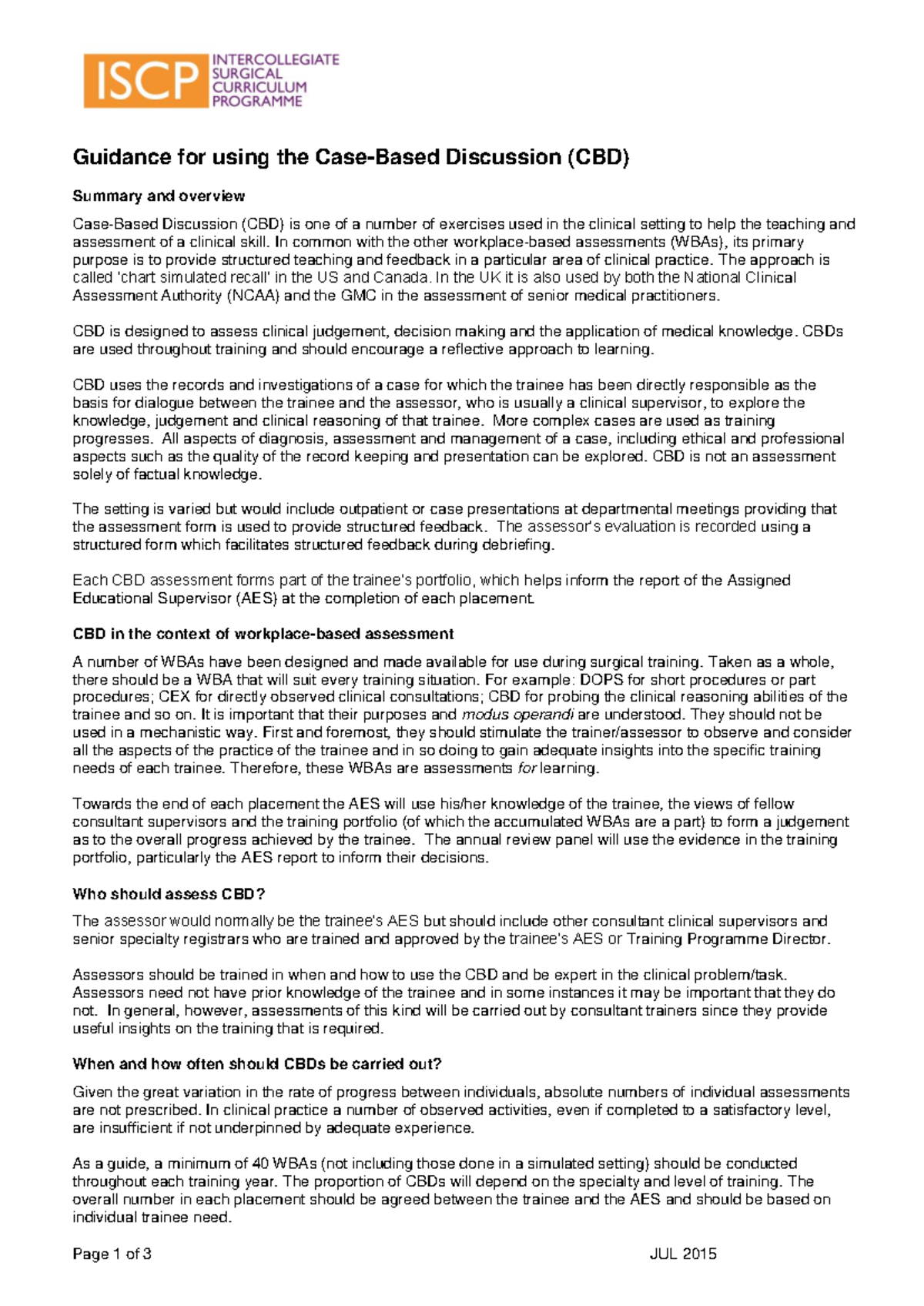 Guidance CBD july - Page 1 of 3 JUL 2015 Guidance for using the Case-Based Discussion (CBD ...
