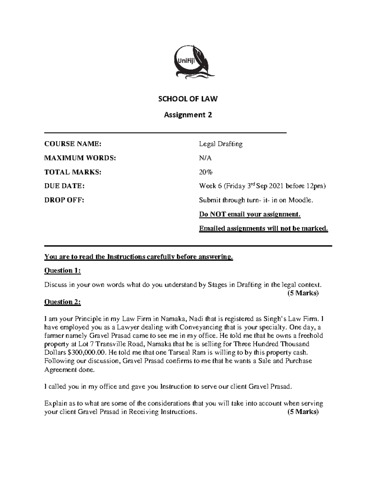 Assignment 2 - SCHOOL OF LAW Assignment 2 COURSE NAME: Legal Drafting ...