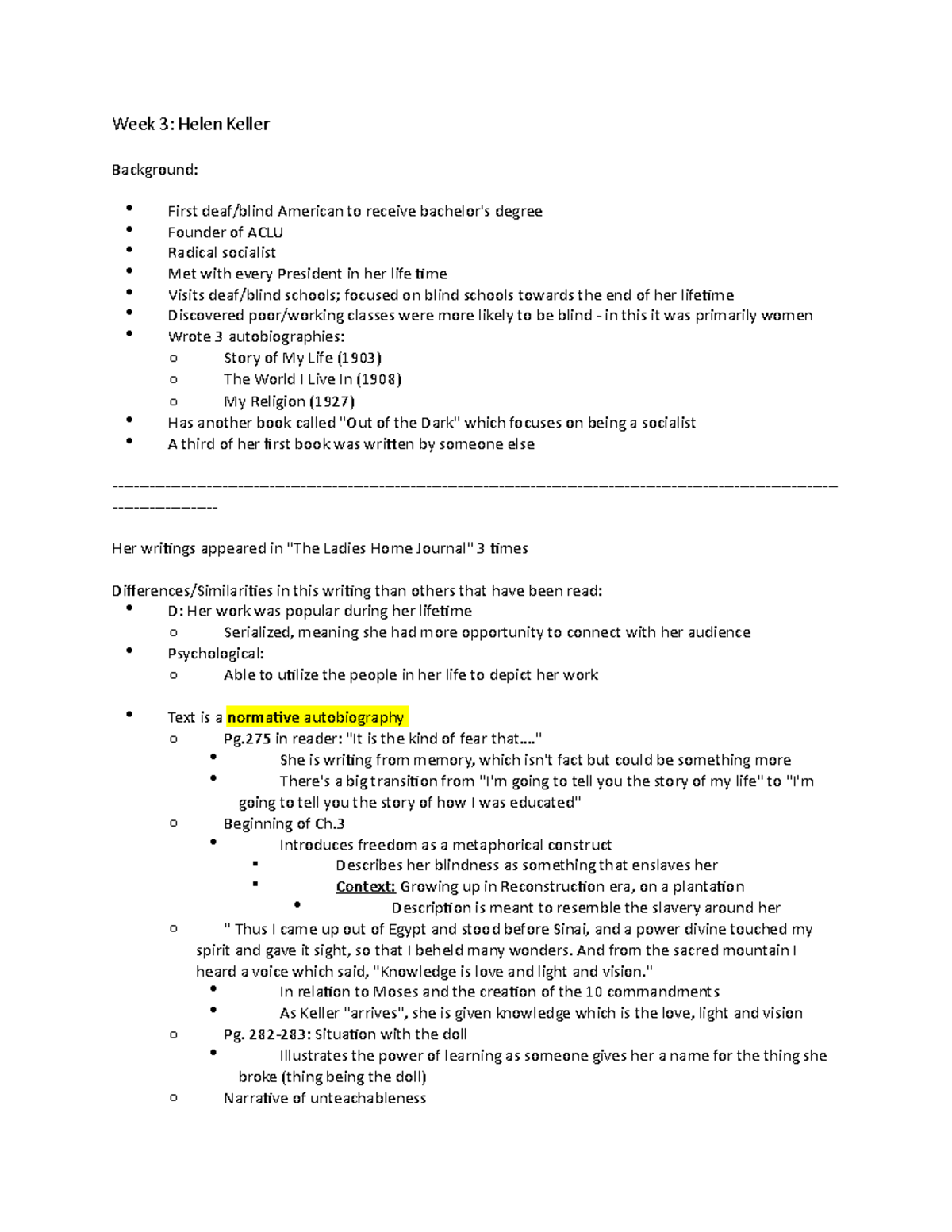 Week 3 - Helen Keller - Lecture notes 3 - Week 3: Helen Keller ...