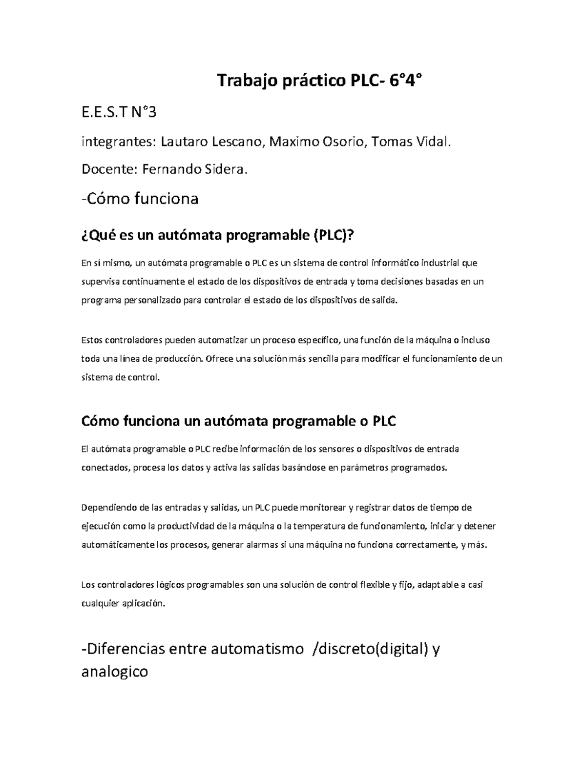 Trabajo practico PLC - Controles y automatismos PLC - Trabajo pr·ctico PLC- 6∞4∞ E.E.S N∞ - Studocu
