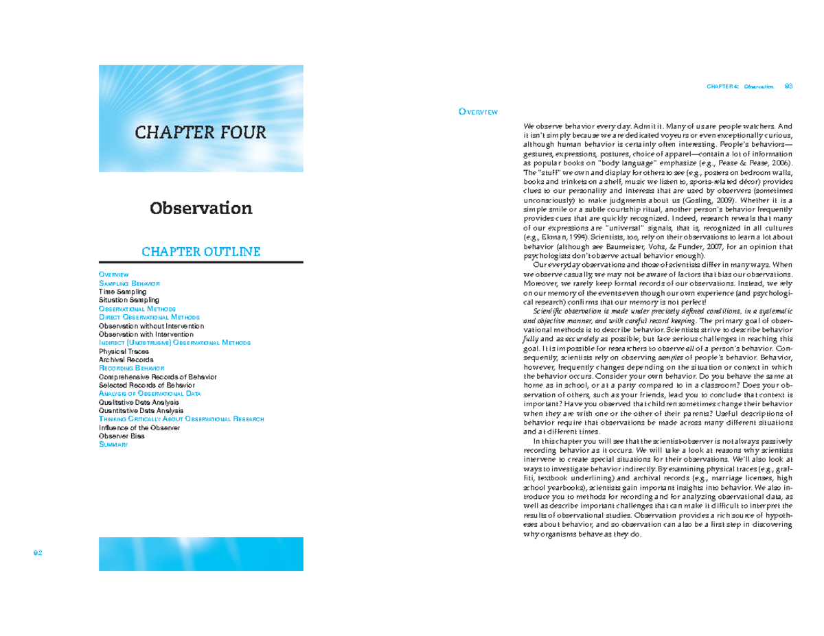 Chap 4- Descriptive Methods - 92 CHAPTER FOUR Observation CHAPTER OUTLINE OVERVIEW SAMPLING ...