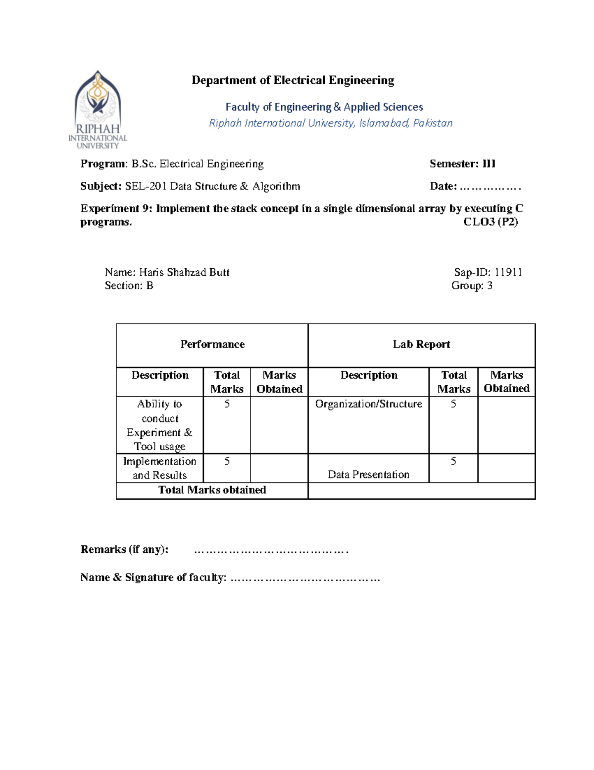 Hari Shahzad Butt 11911 (Lab Report 9 of DSA) - Department of ...