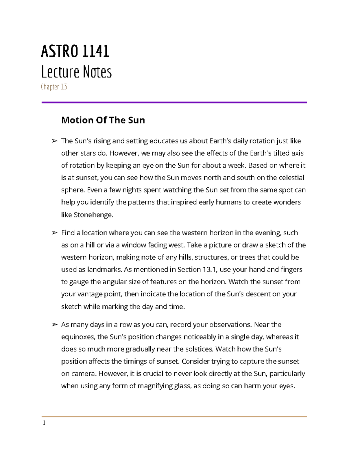 Astro 1141 Chapter 13 - ASTRO 1141 Lecture Nes Chapter 13 Motion Of The Sun The Sun's rising and ...