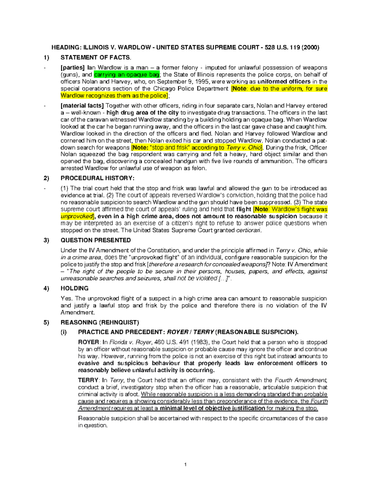 Case brief crim. proc. Illinois v. Wardlow - stop and frisk - 1 HEADING ...