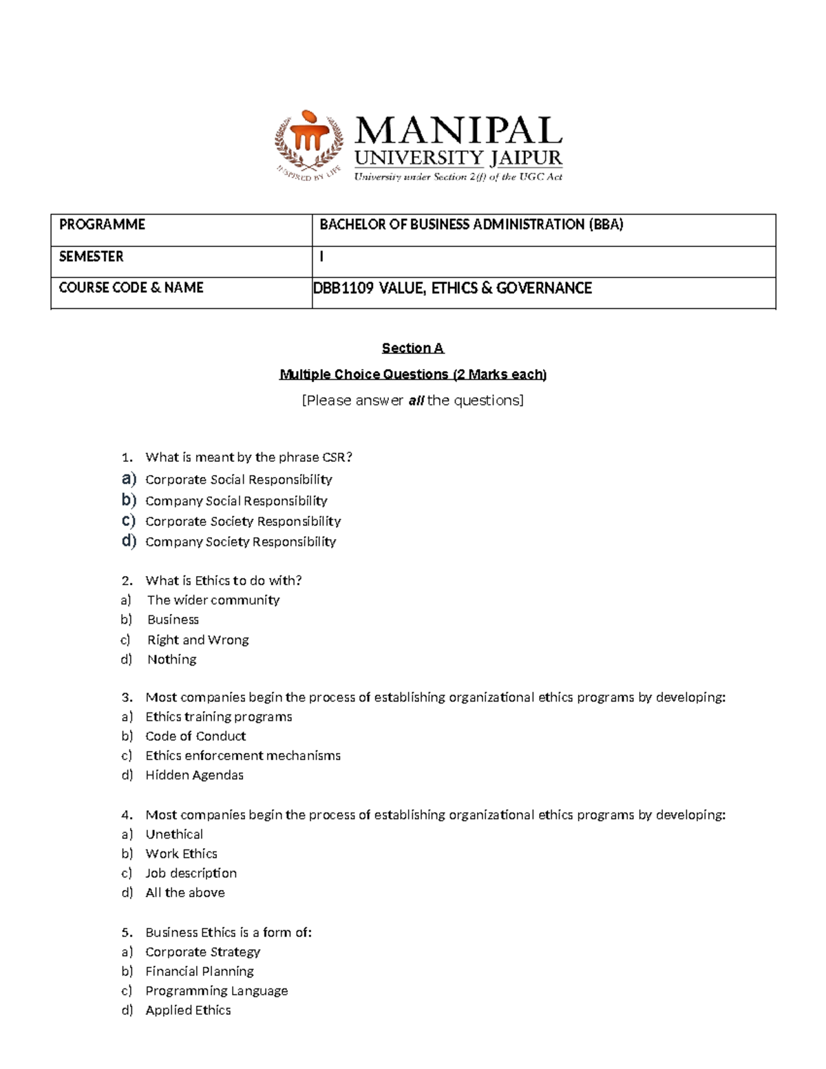 Model Question Paper Ethics and Governance - PROGRAMME BACHELOR OF ...