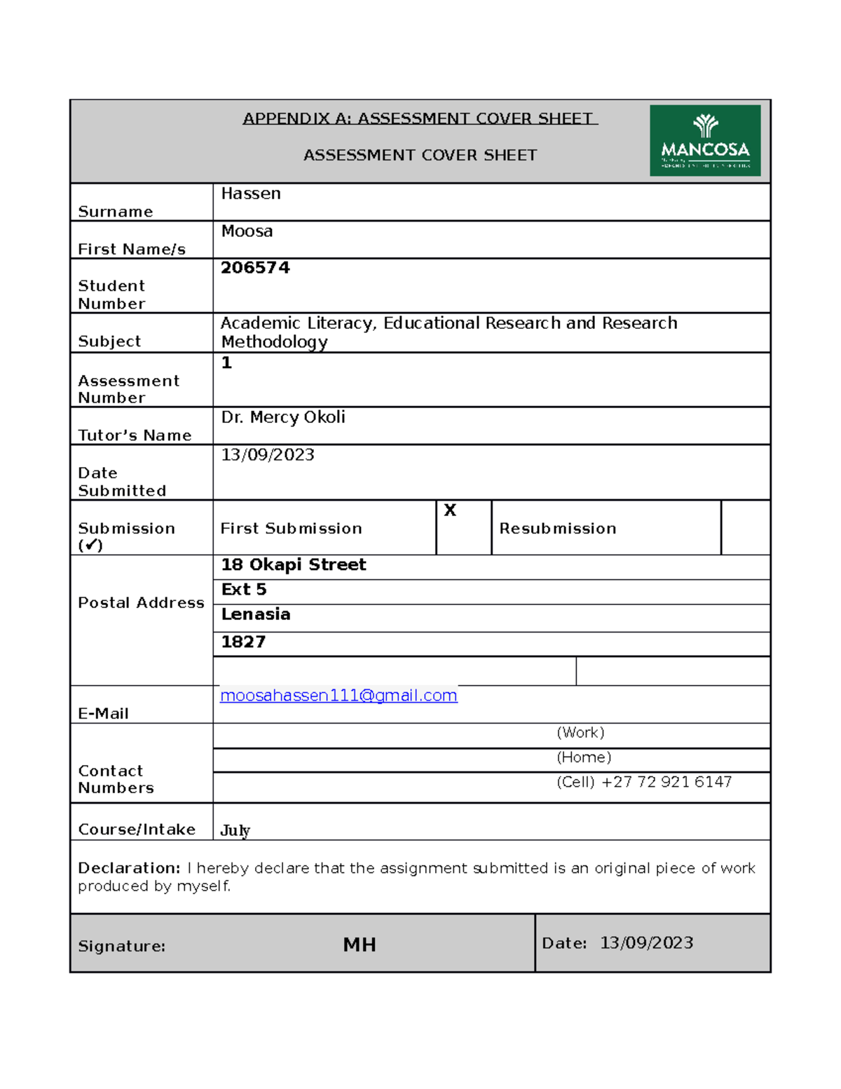 Q1-Academic - Assignments from colleges - APPENDIX A: ASSESSMENT COVER ...