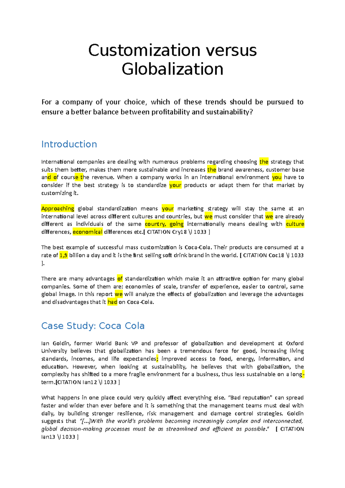 Coca Cola +comments COMM - Customization versus Globalization For a ...