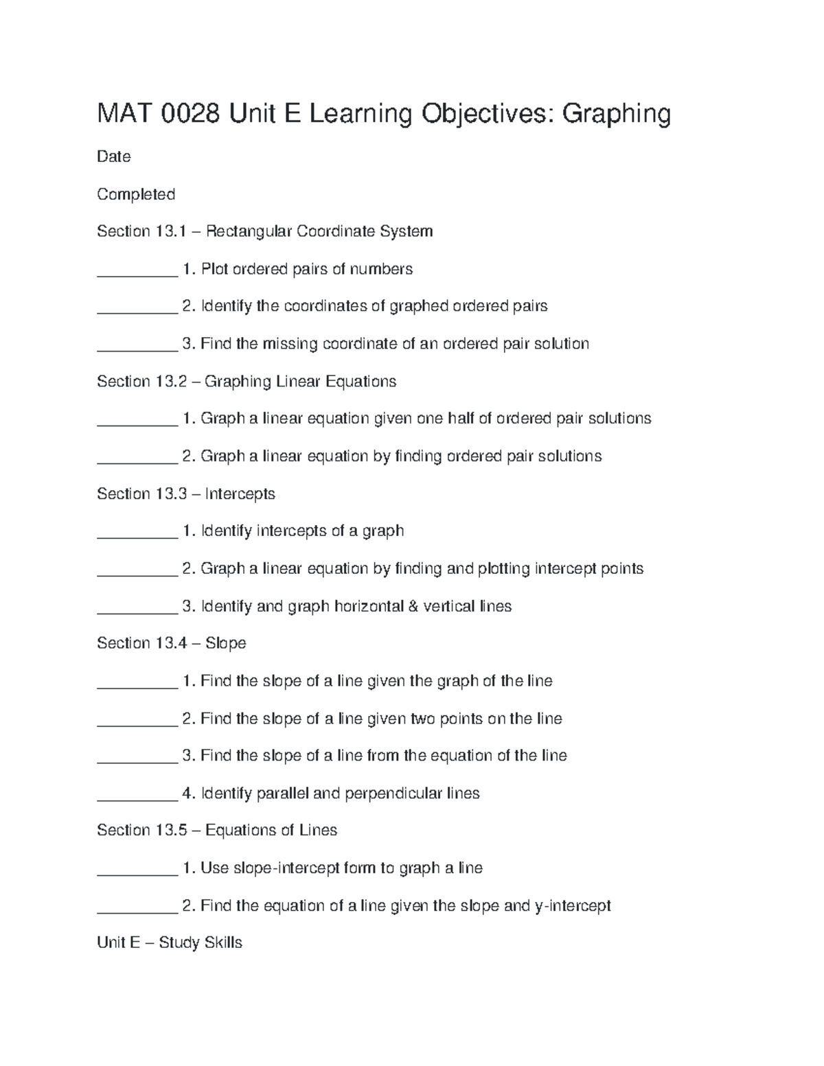 MAT 0028 Unit E Learning Objectives - Plot ordered pairs of numbers ...