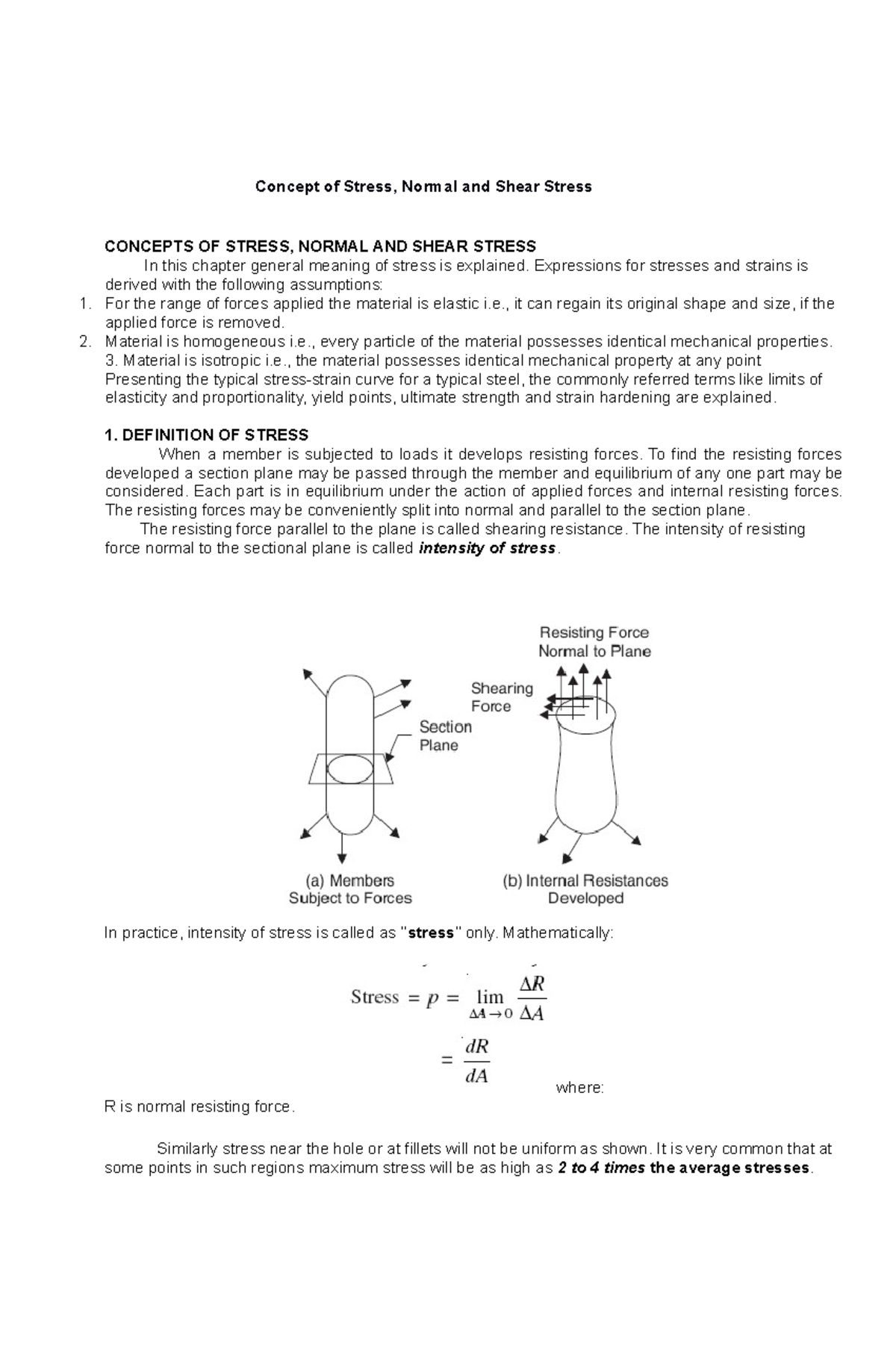 Concept of Stress, Normal and Shear Stress - Expressions for stresses ...