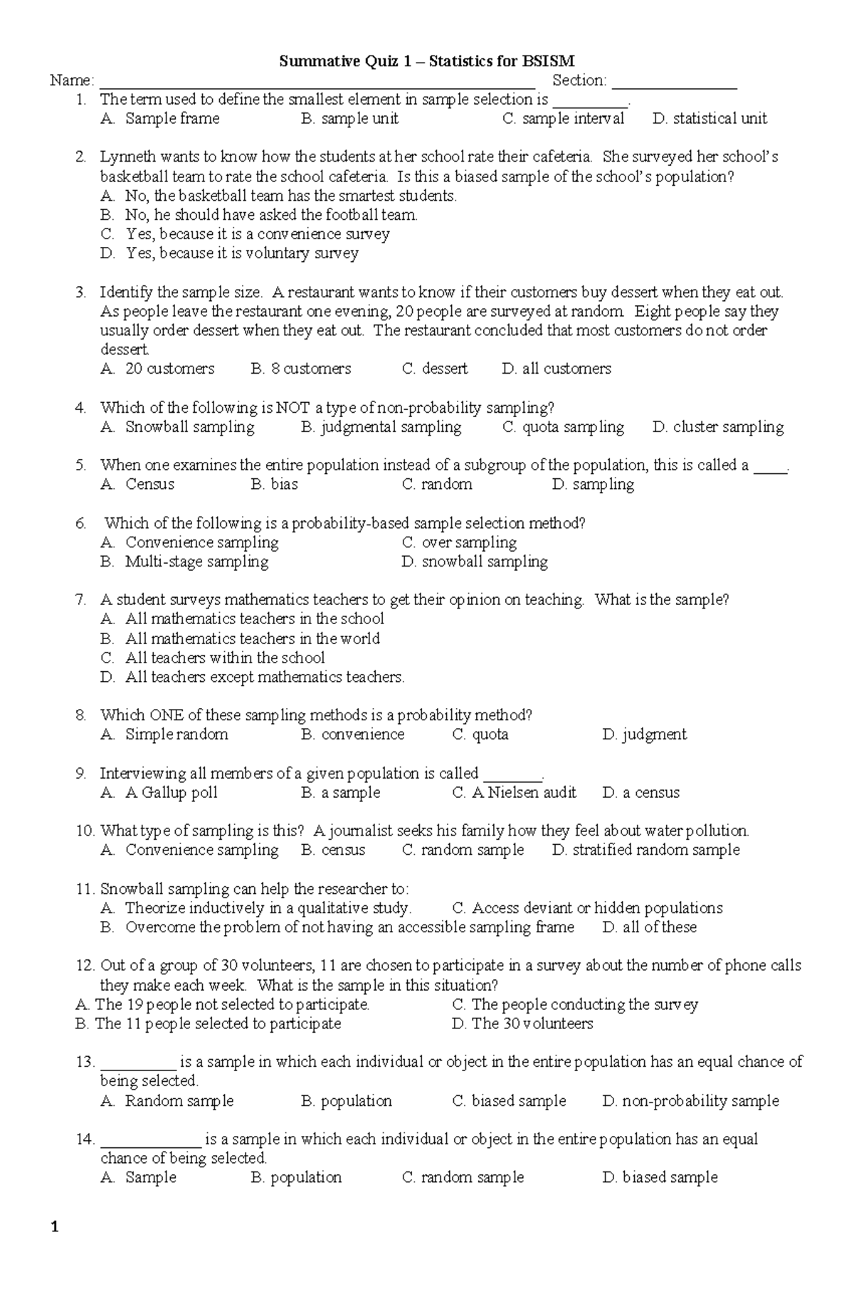 Socrative QUIZ-1 STAT - summative assessment - Summative Quiz 1 ...