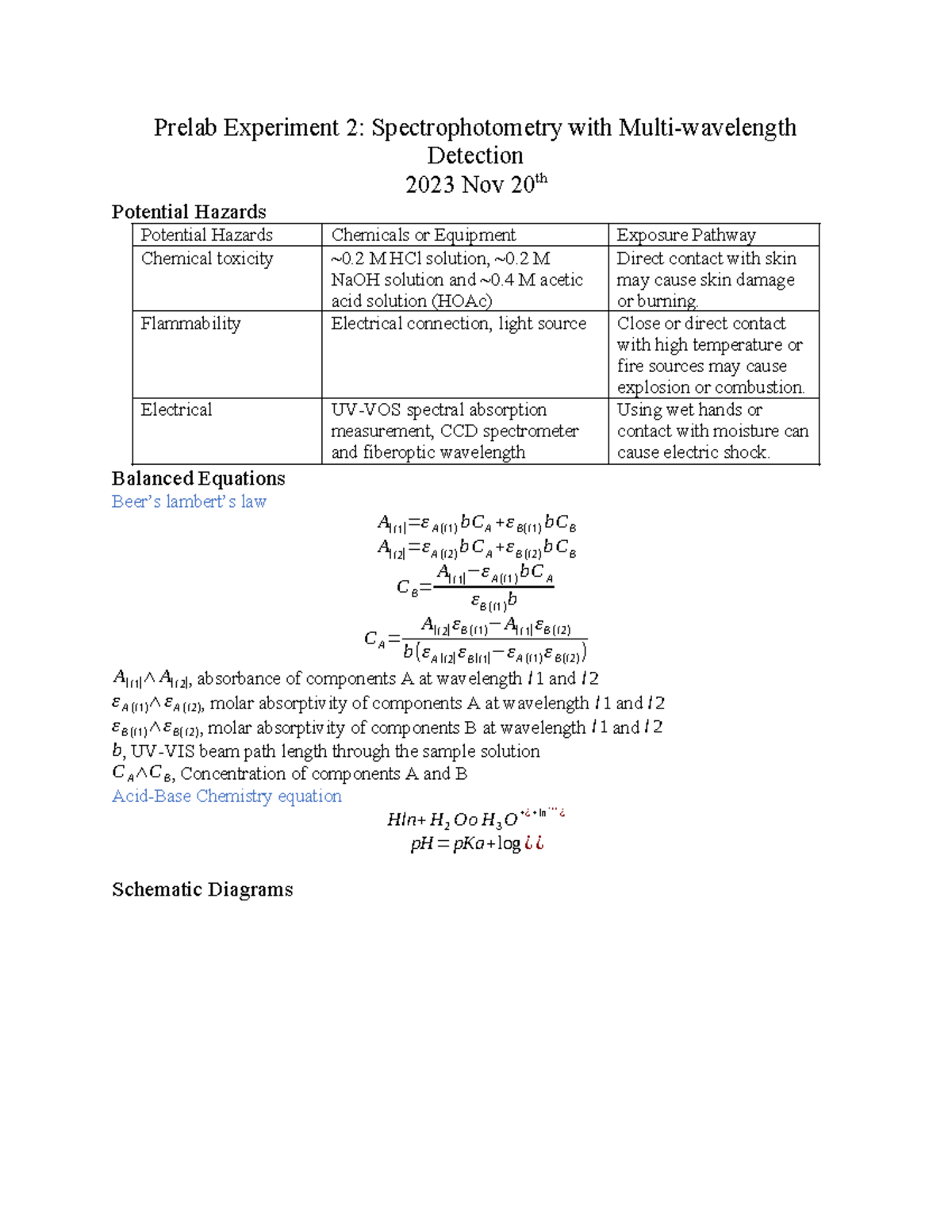 CHEM213 Prelab 2 - Prelab Experiment 2: Spectrophotometry with Multi ...
