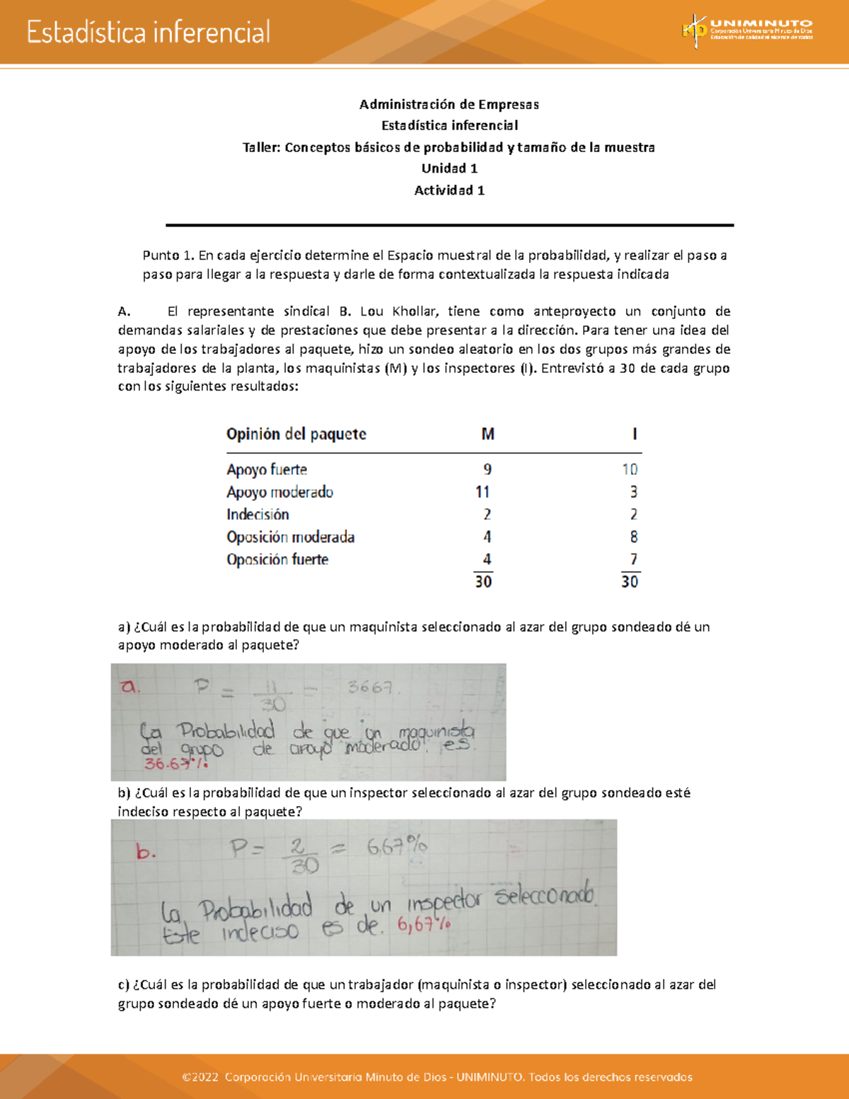 Actividad N°1 Actividad Inferencial - Administración de Empresas Estadística inferencial Taller ...