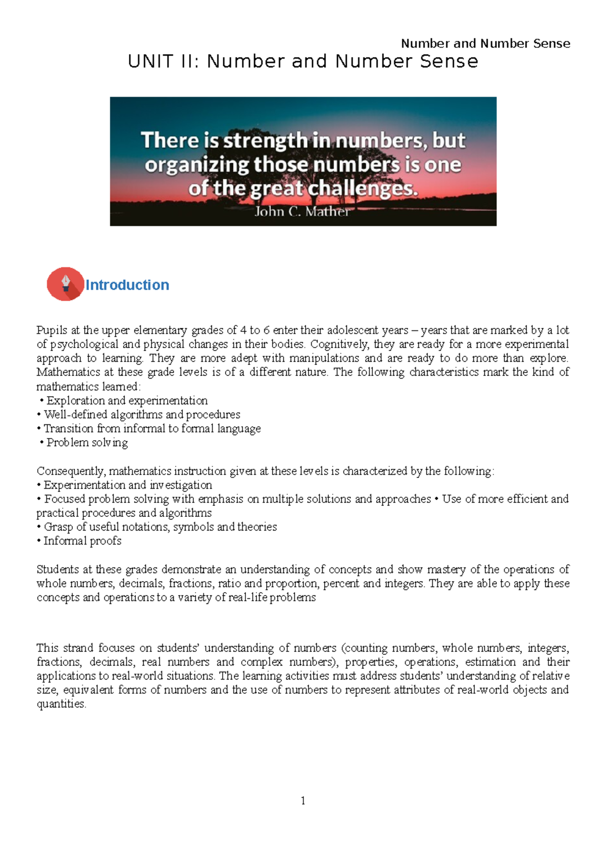 Number- Sense- Topic-1 - UNIT II: Number and Number Sense Pupils at the ...