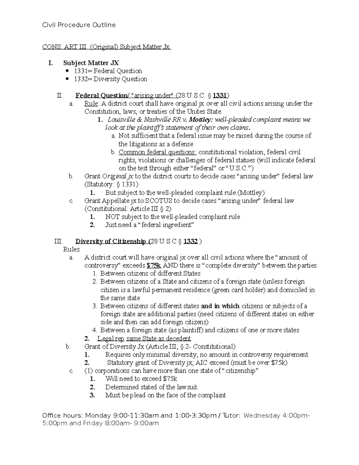 Civ Pro Outline (Skeletor) - CONS. ART III (Original) Subject Matter Jx ...
