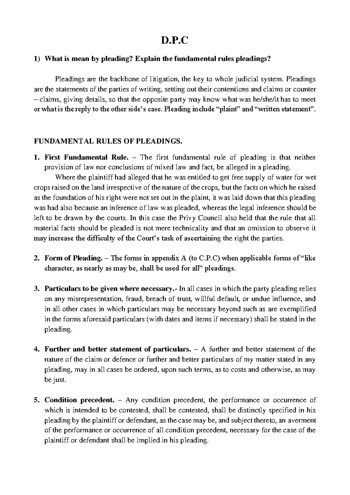 D - Dpc - D.P What is mean by pleading? Explain the fundamental rules ...
