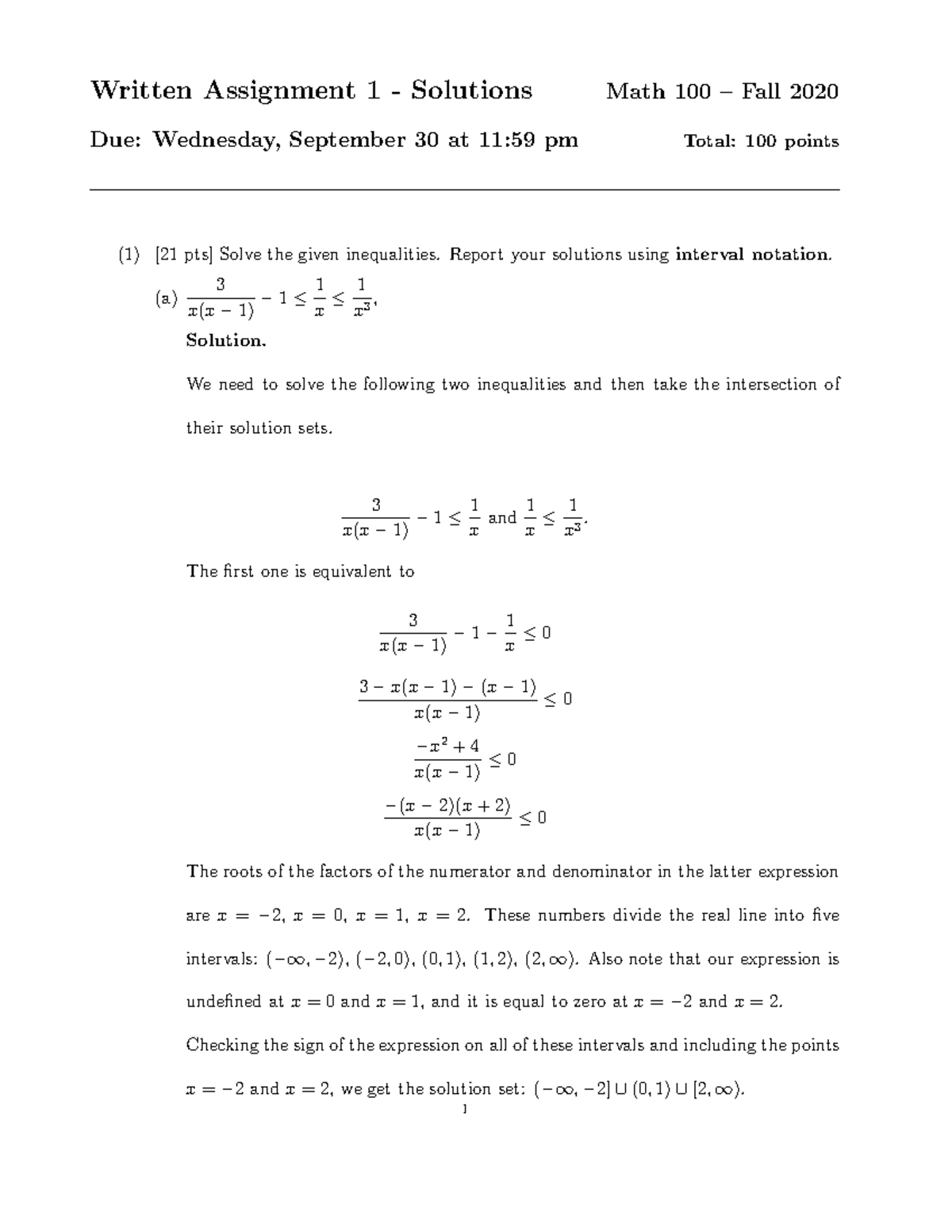 Math100-hw1-solutions - Written Assignment 1 - Solutions Math 100 – Fall 2020 Due: Wednesday ...
