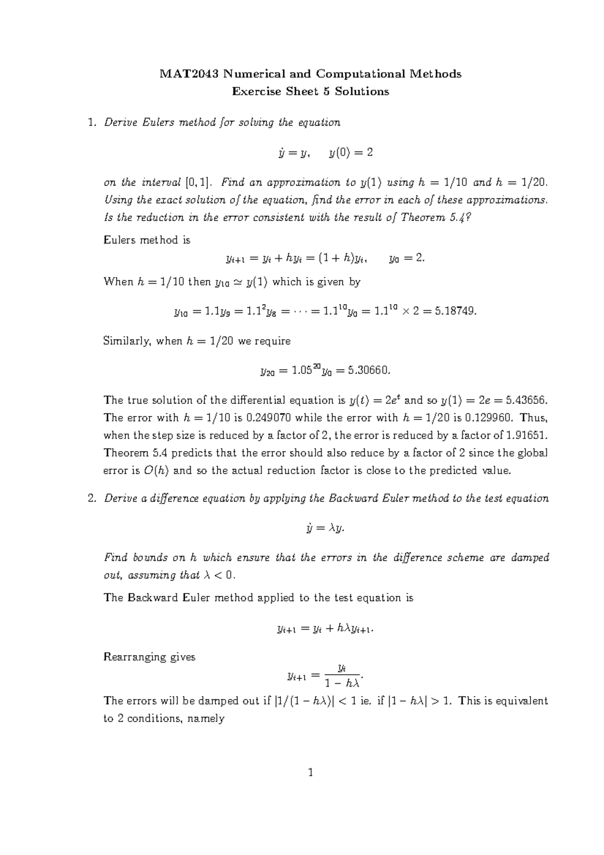 MAT2043 2010 Exercise Sheet 5 - Solutions - MAT2043 Numerical and Computational Methods Exercise ...