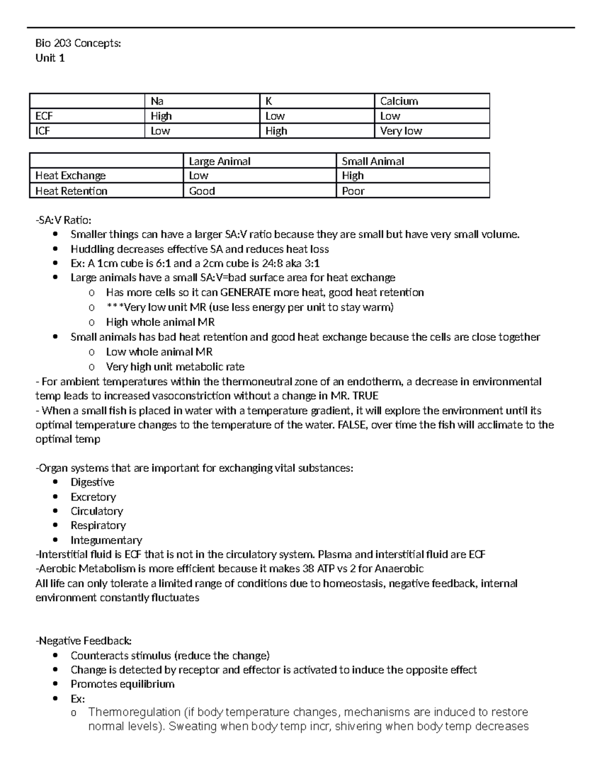 Bio 203 Midterm 1 study guide - Bio 203 Concepts: Unit 1 Na K Calcium ...
