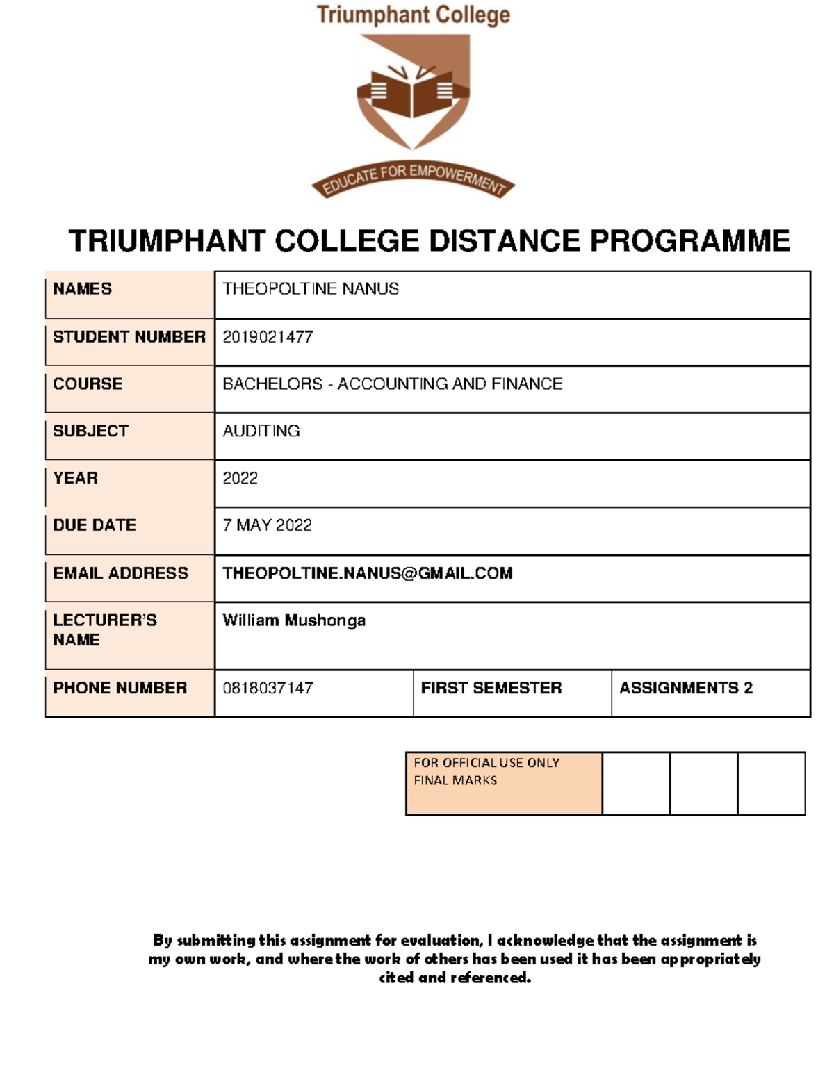 Auditing Assignment 2 - FOR OFFICIAL USE ONLY FINAL MARKS By submitting ...