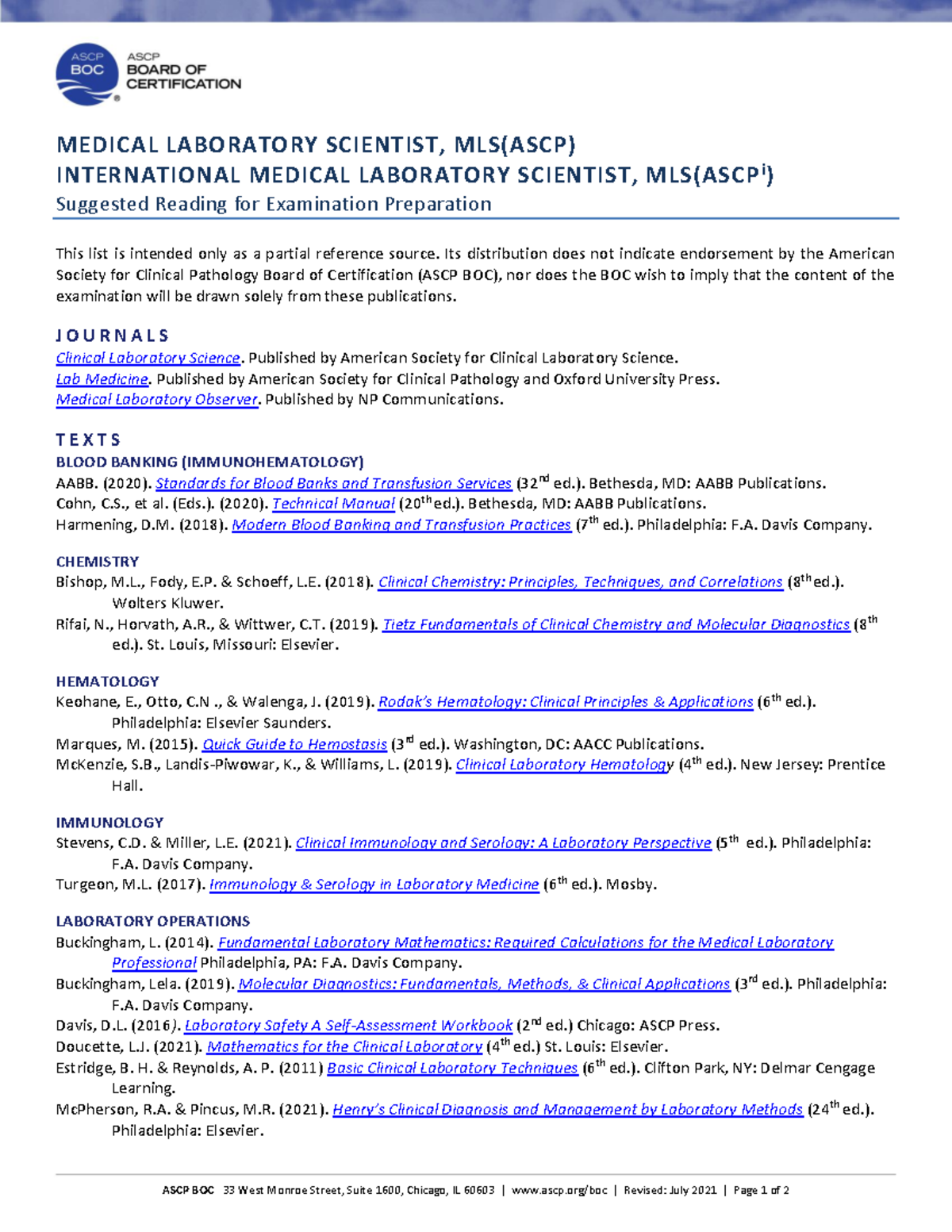 Mls imls reading list - ASCP BOC 33 West Monroe Street, Suite 1600 ...