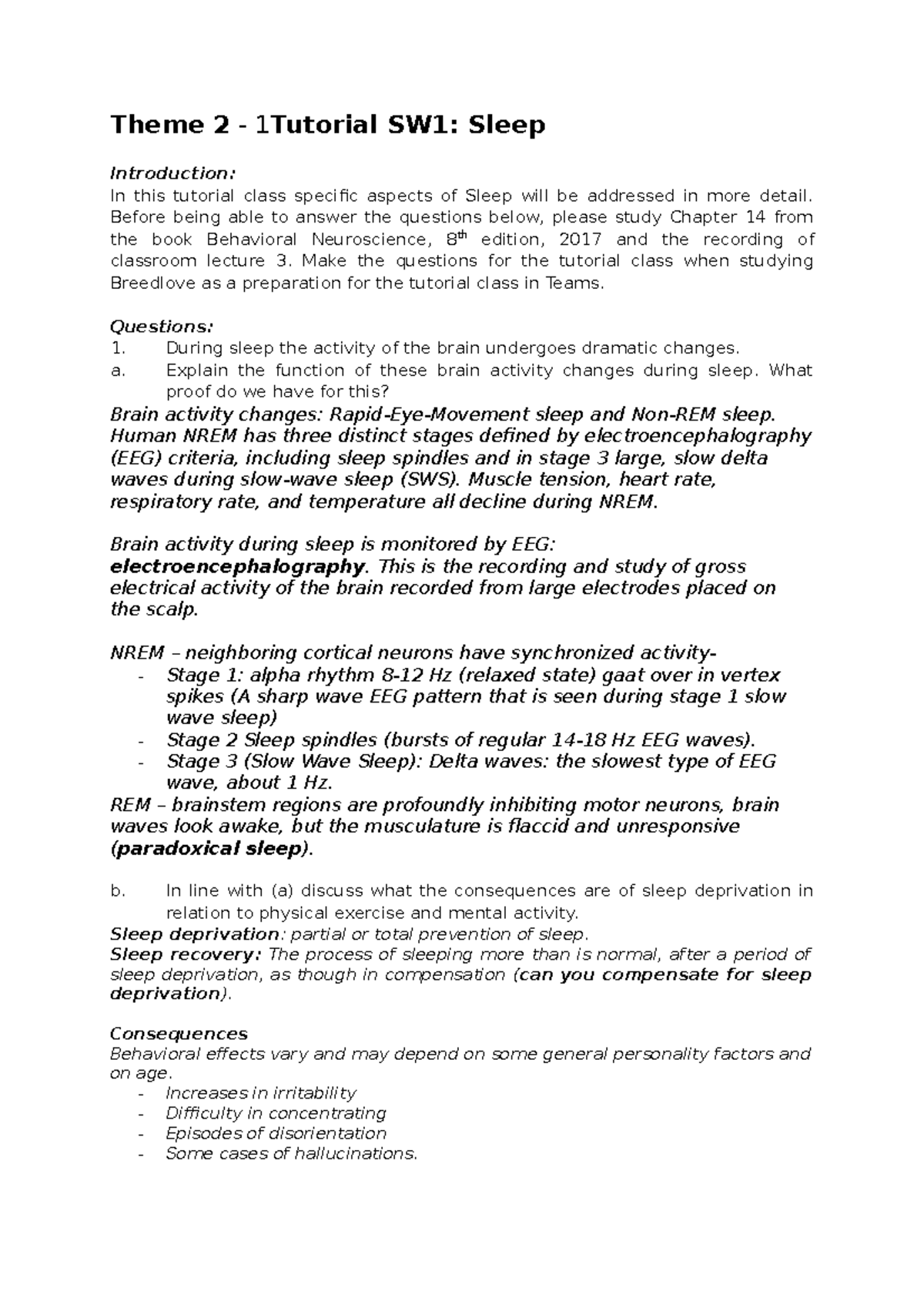 Tutorial 2 Sleep - Theme 2 - 1 Tutorial SW1: Sleep Introduction: In ...