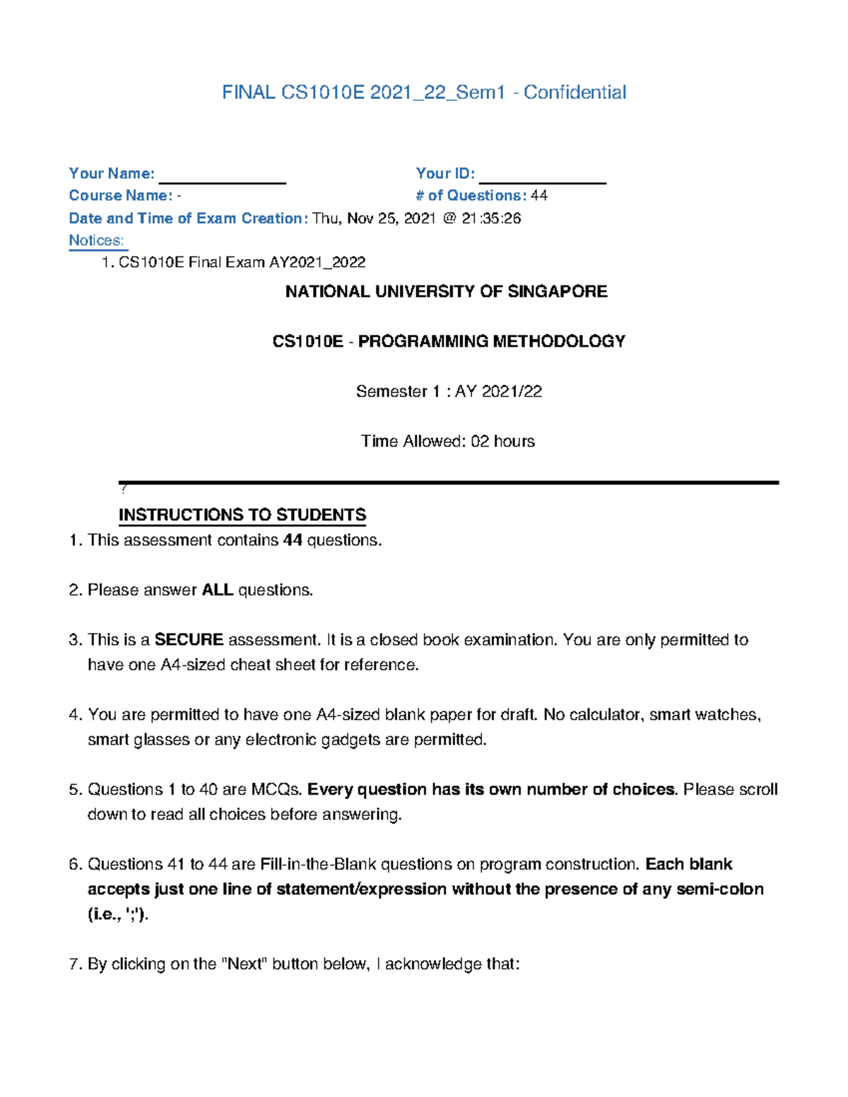 Final CS1010E 2021 22 Sem1 - FINAL CS1010E 2021_22_Sem1 - Confidential ...