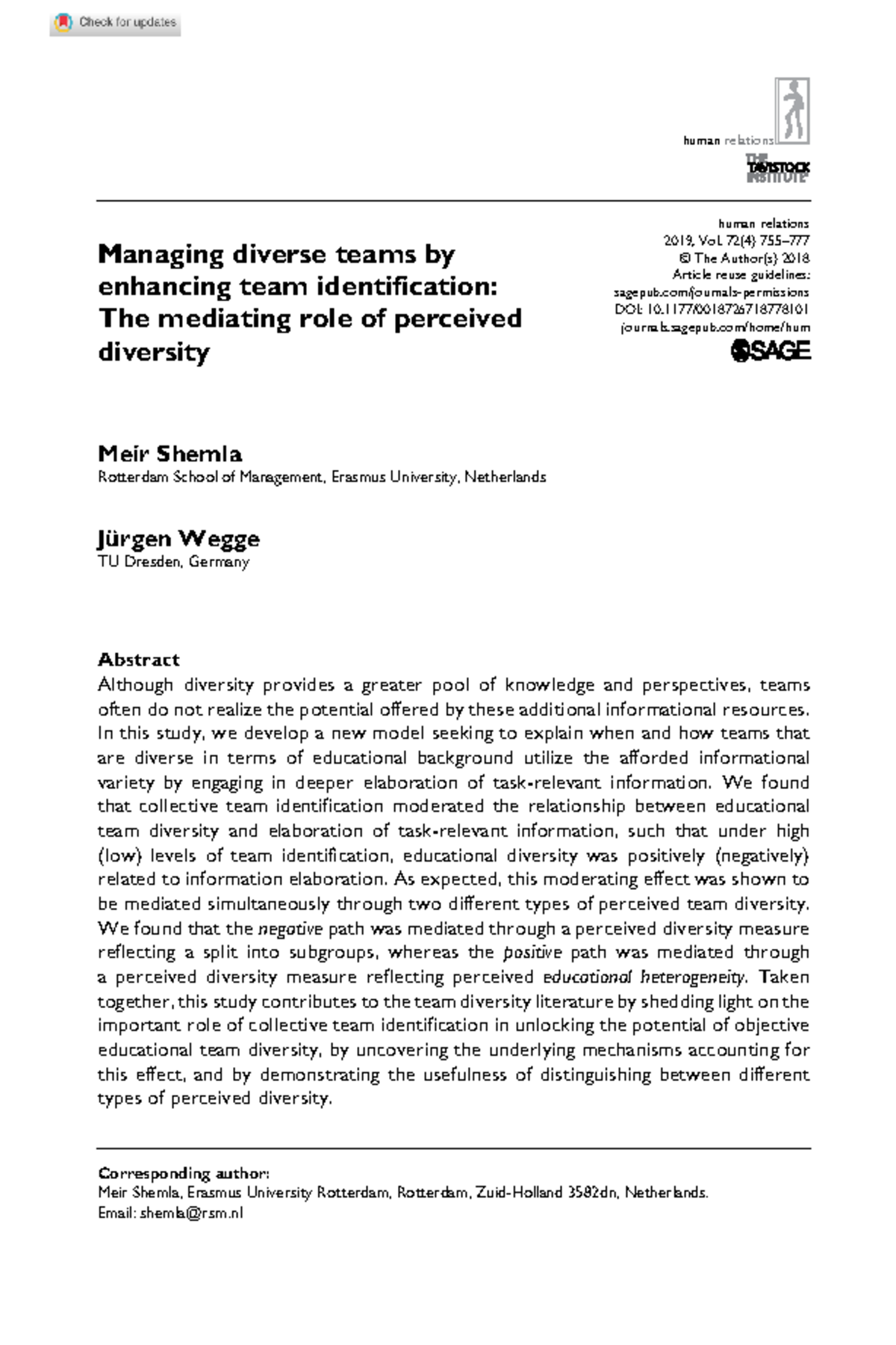 Managing diverse teams - doi/10.1177/ human relations 2019, Vol. 72(4 ...