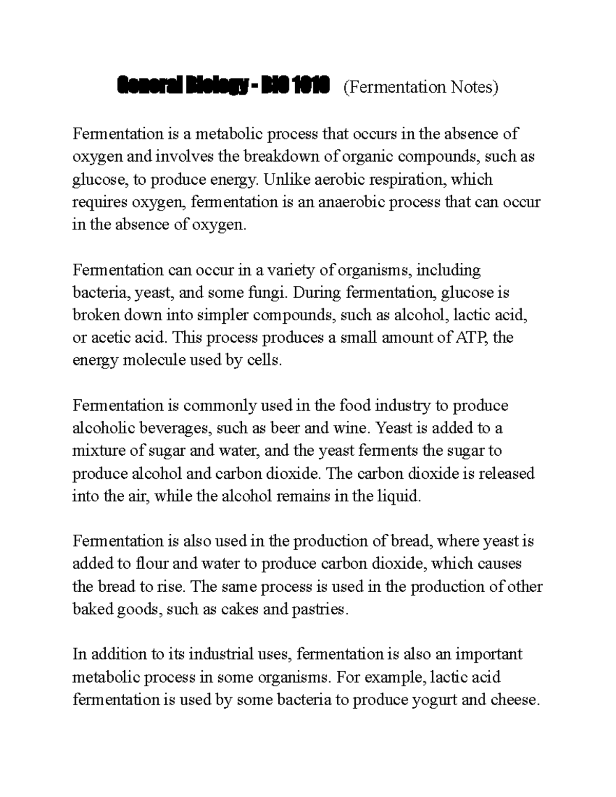 BIO - Fermentation Notes - General Biology - BIO 1010 (Fermentation ...