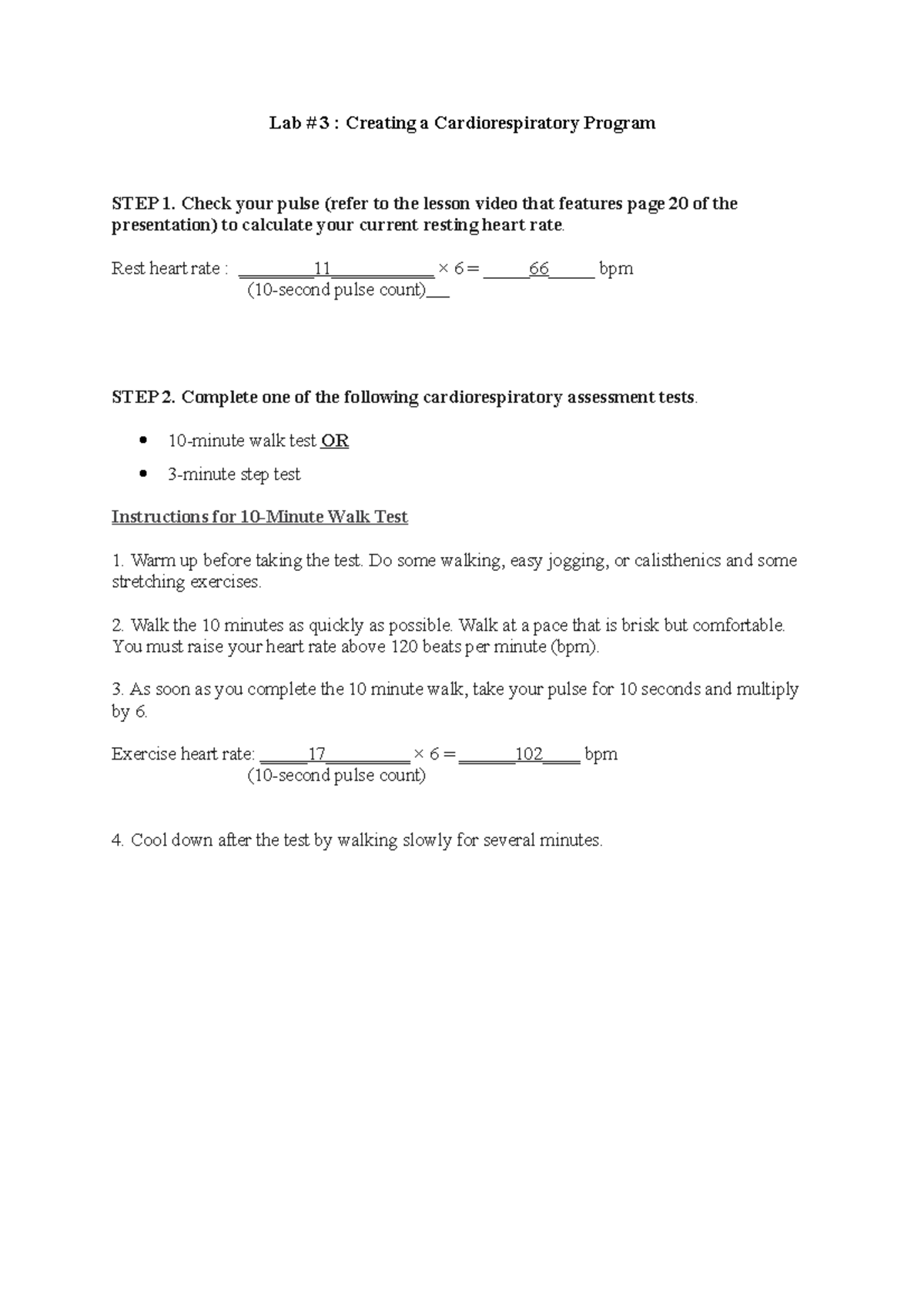 Lab # 3 Creating a Cardiorespiratory Program - Lab # 3 : Creating a ...