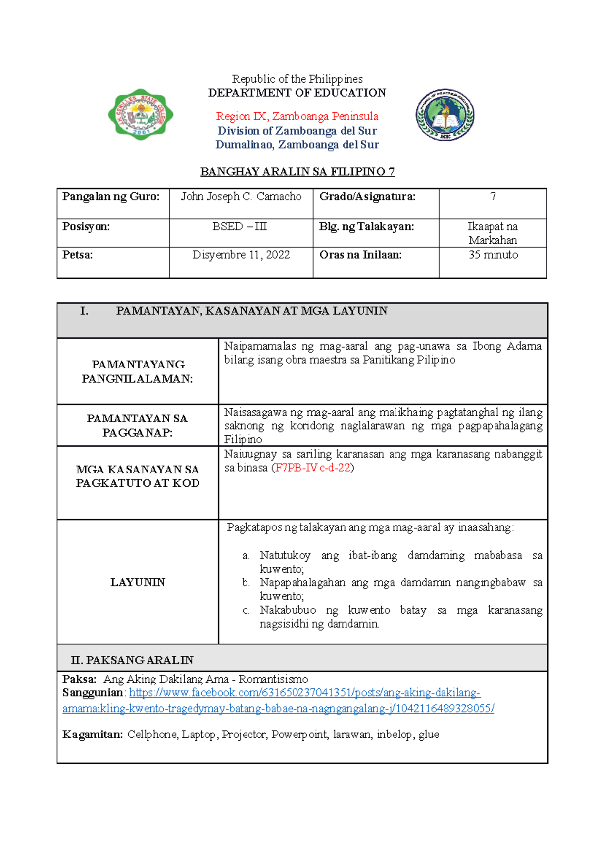 LP John J Copy - lesson plan - Republic of the Philippines DEPARTMENT ...