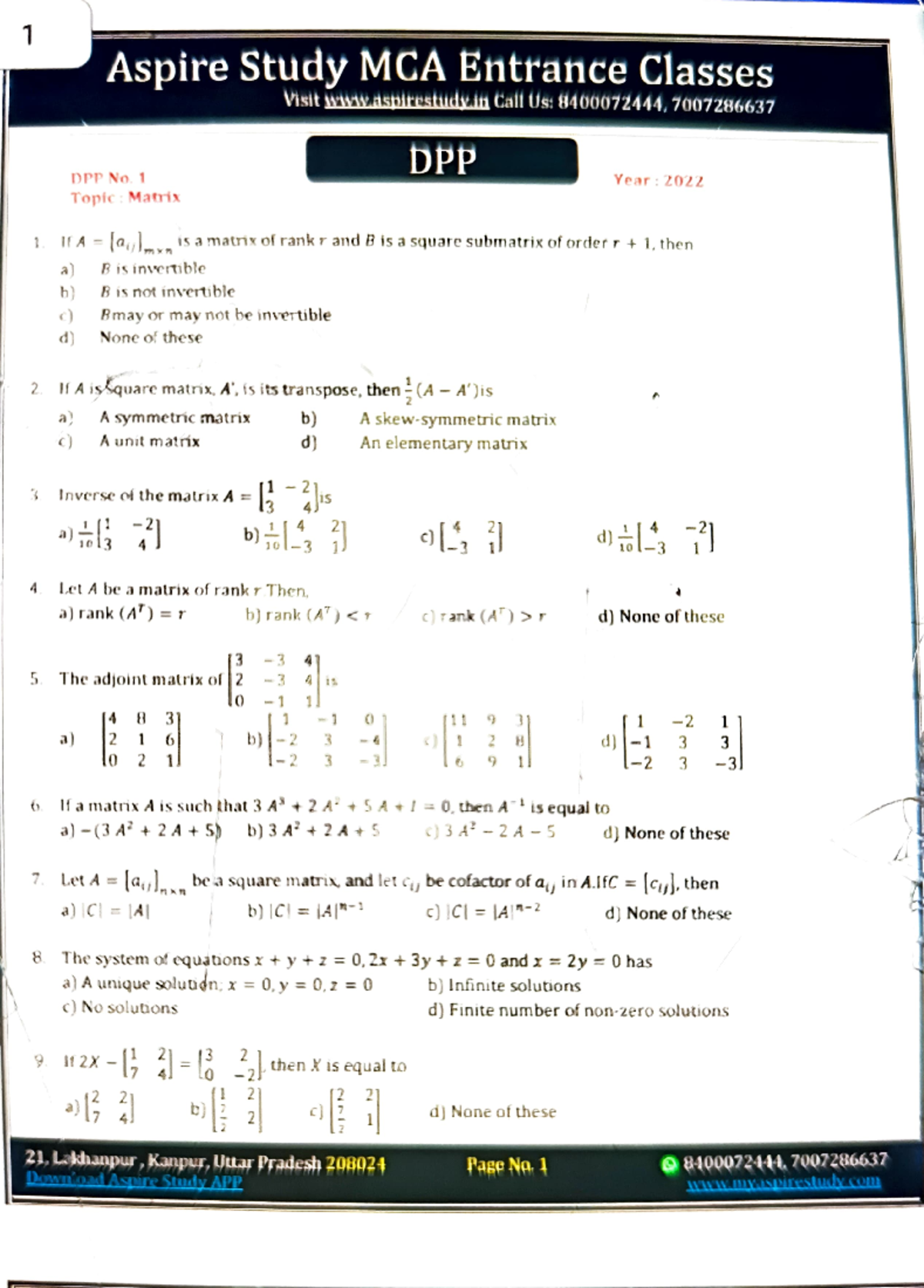 Aspire matrice dpp - dpp - Matrices & Linear Difference Equations - Studocu