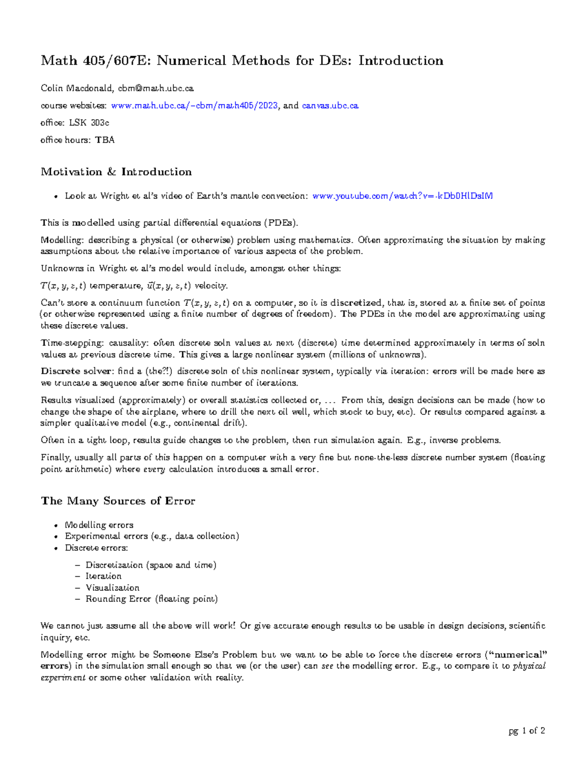 01 intro - first class - Math 405/607E: Numerical Methods for DEs ...