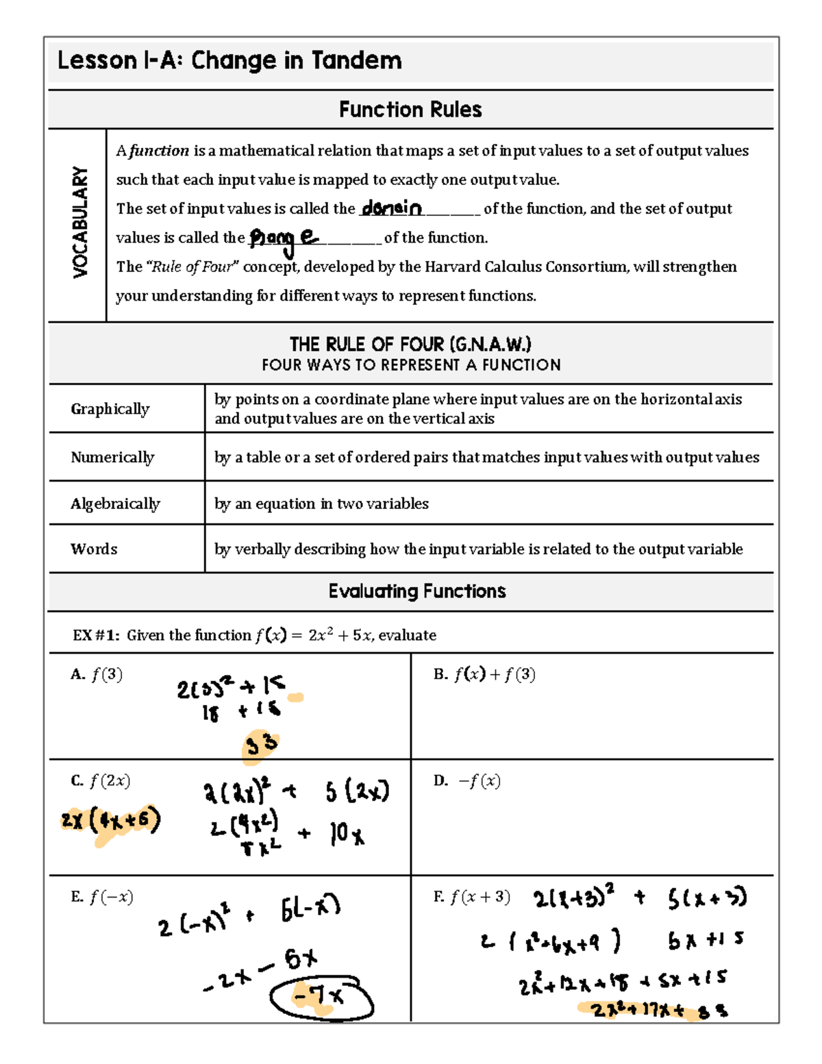 1.1 Change in Tandem 2 - Lesson 1-A: Change in Tandem Function Rules VOCABULARY A function is a ...