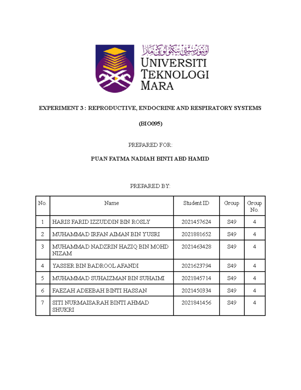 lab report experiment 3 (reproductive, endocrine and respiratory system) BIO095 - EXPERIMENT 3 ...