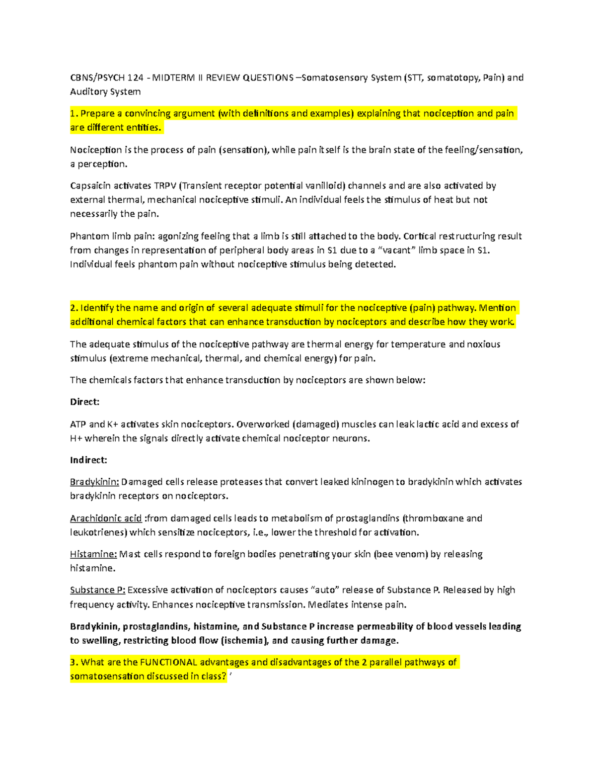 Homework III - Systems Neuroscience - CBNS/PSYCH 124 - MIDTERM II REVIEW QUESTIONS ...